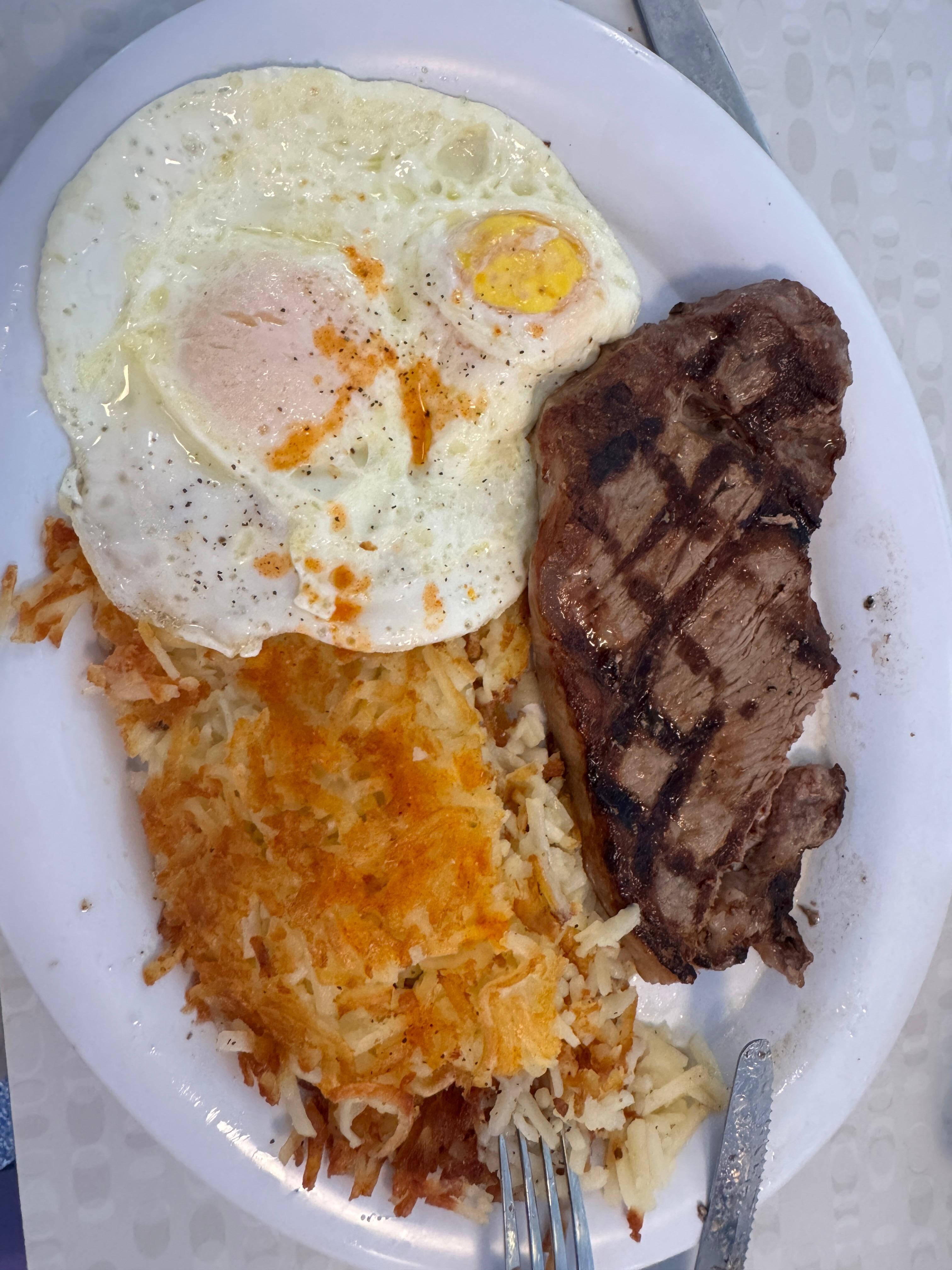 Steak and eggs at the waffle for King with the side order of small waffles cannot be beat in the prices half of what I would pay where I live in Palm Desert the food is amazing