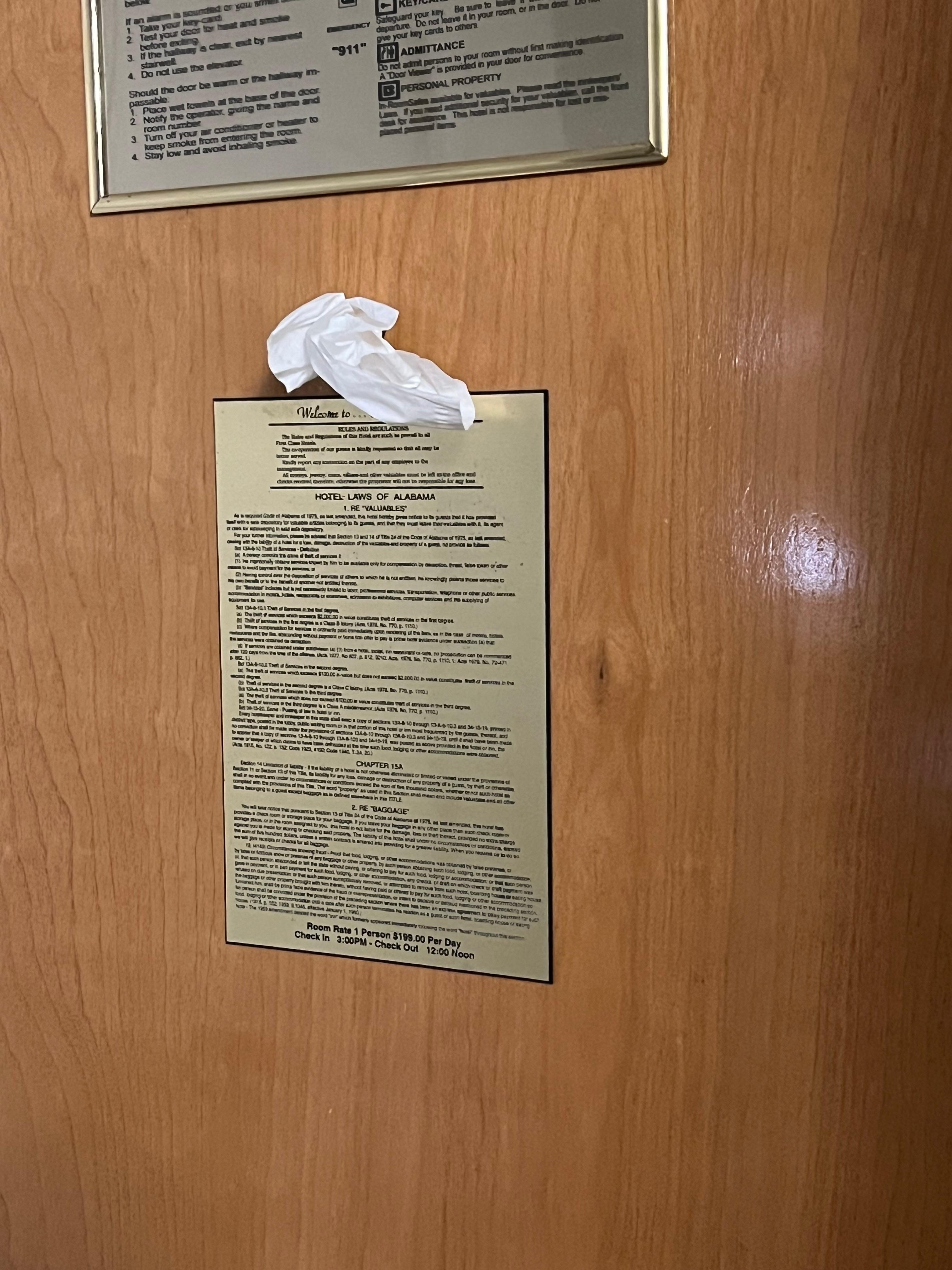 Tissue in door upon arrival. 
