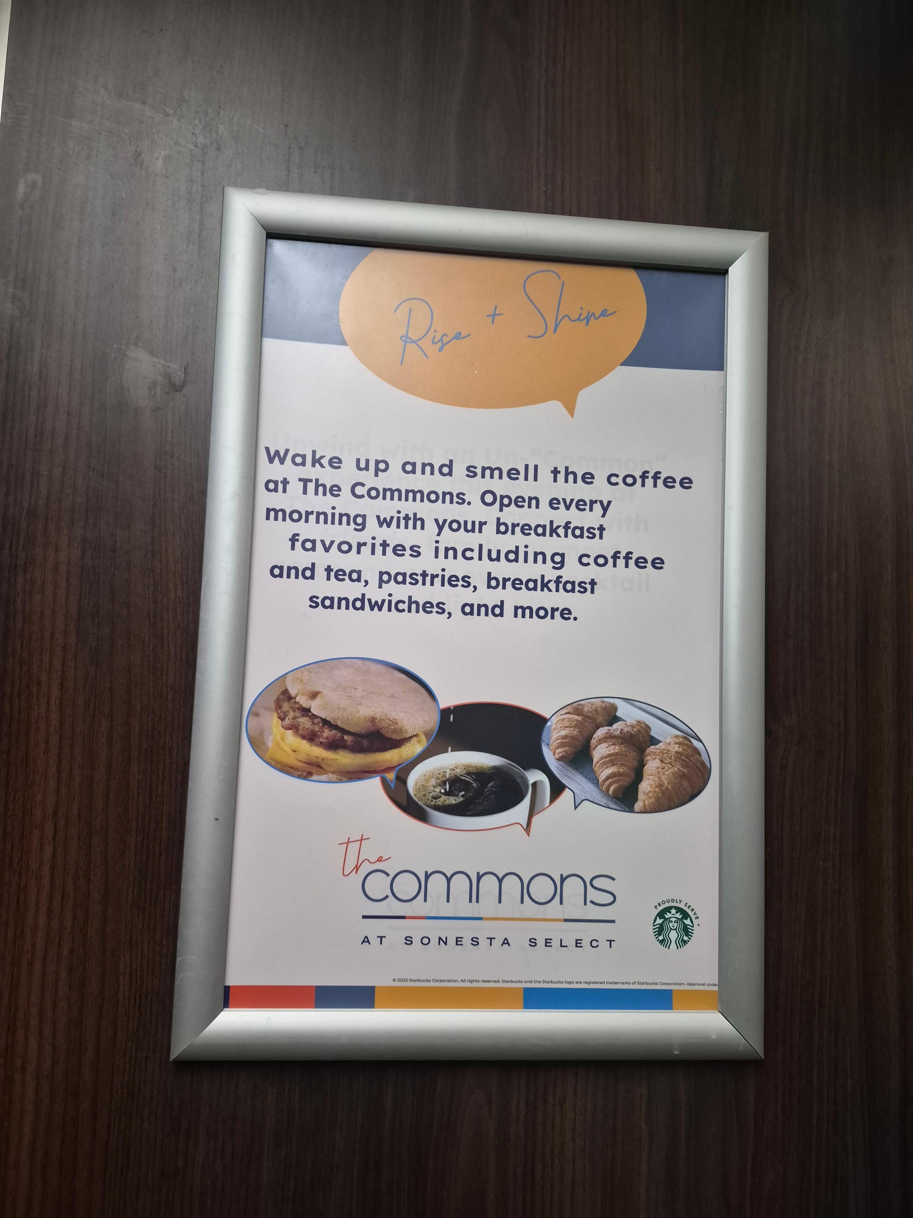 This sign is in the elevator but there's no food for purchase in the commons as it states. 