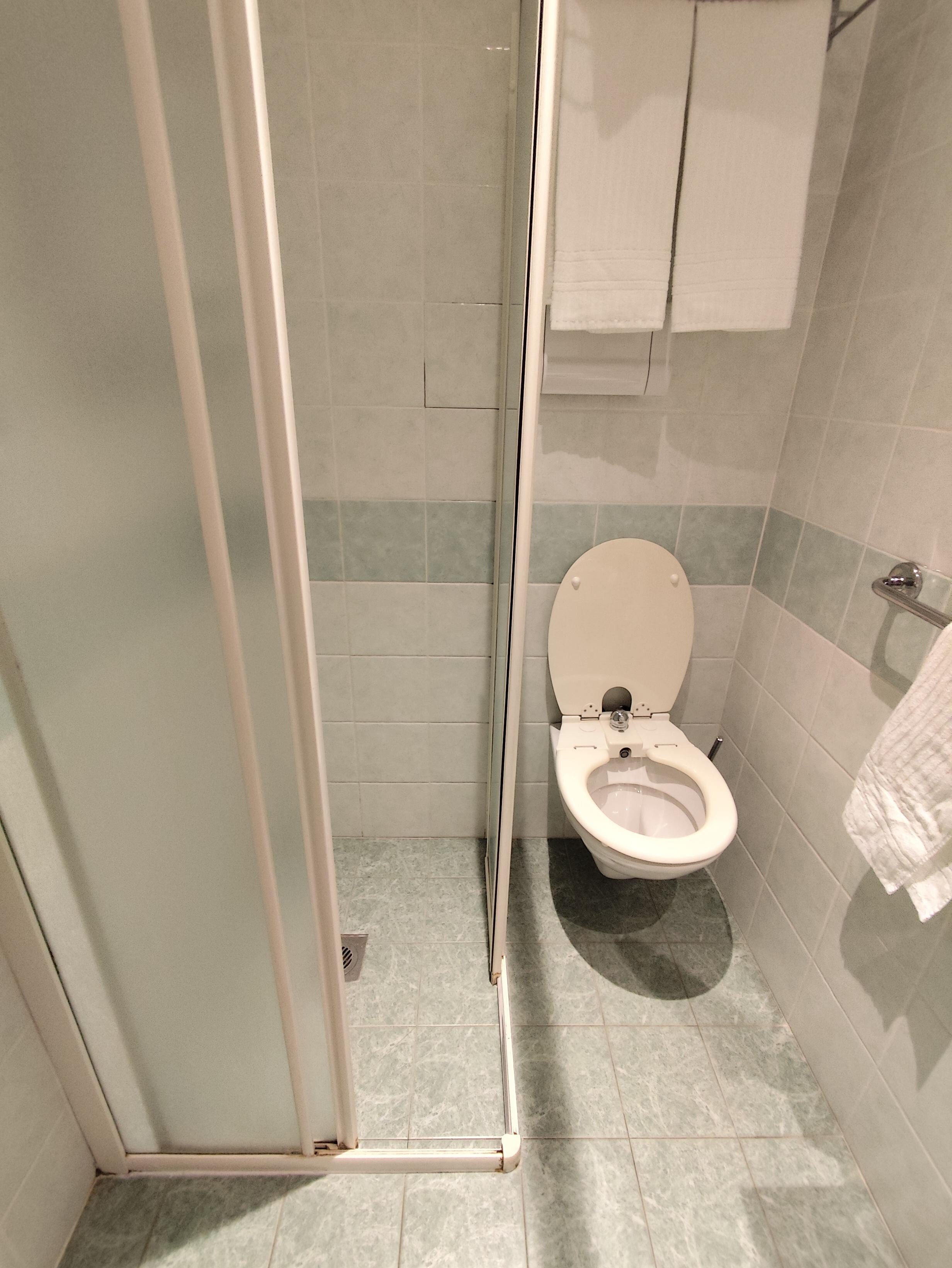 Douche vieillotte avec aucune étagère pour poser sa trousse de toilette