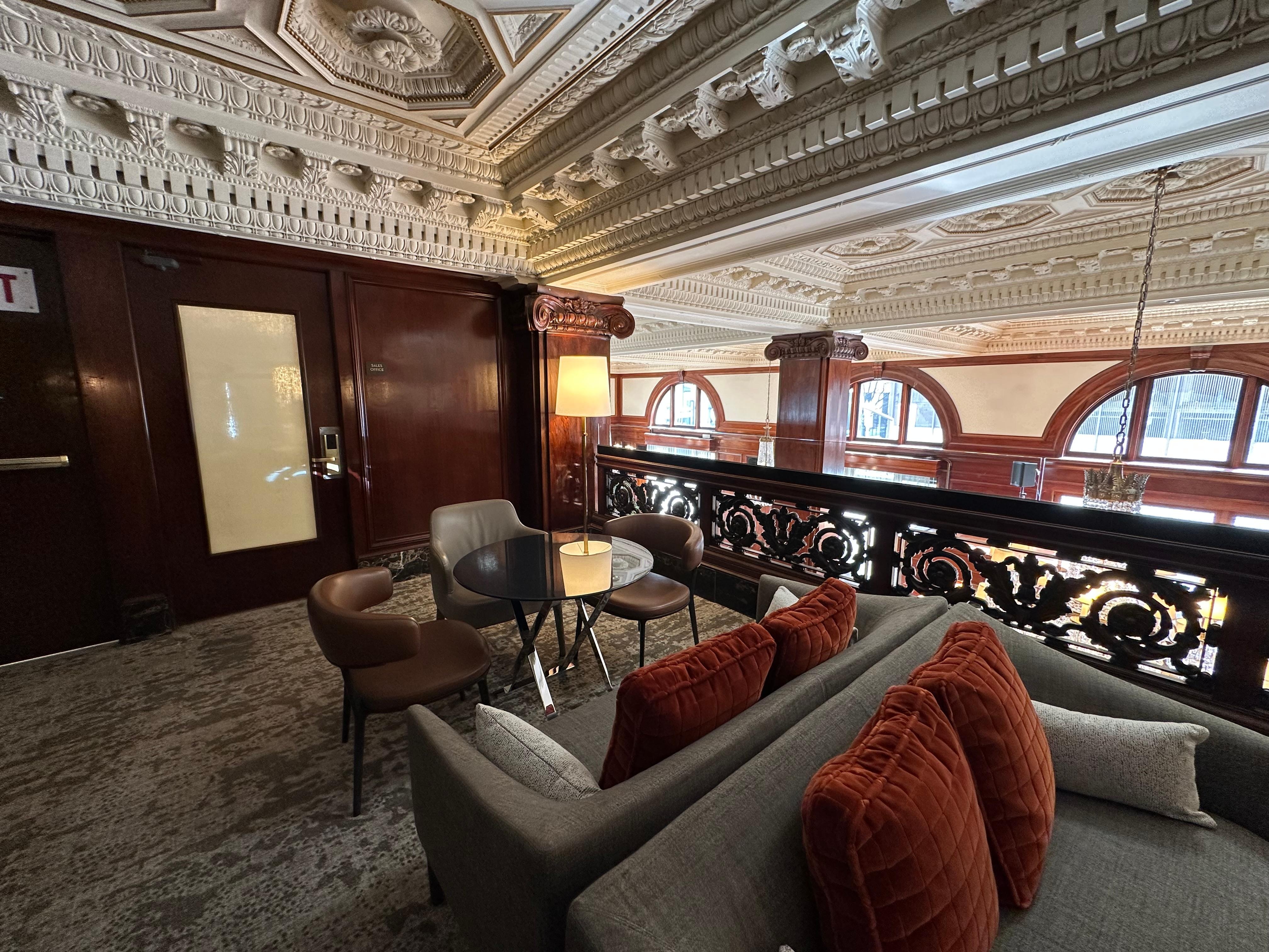 In the upstairs lounge area