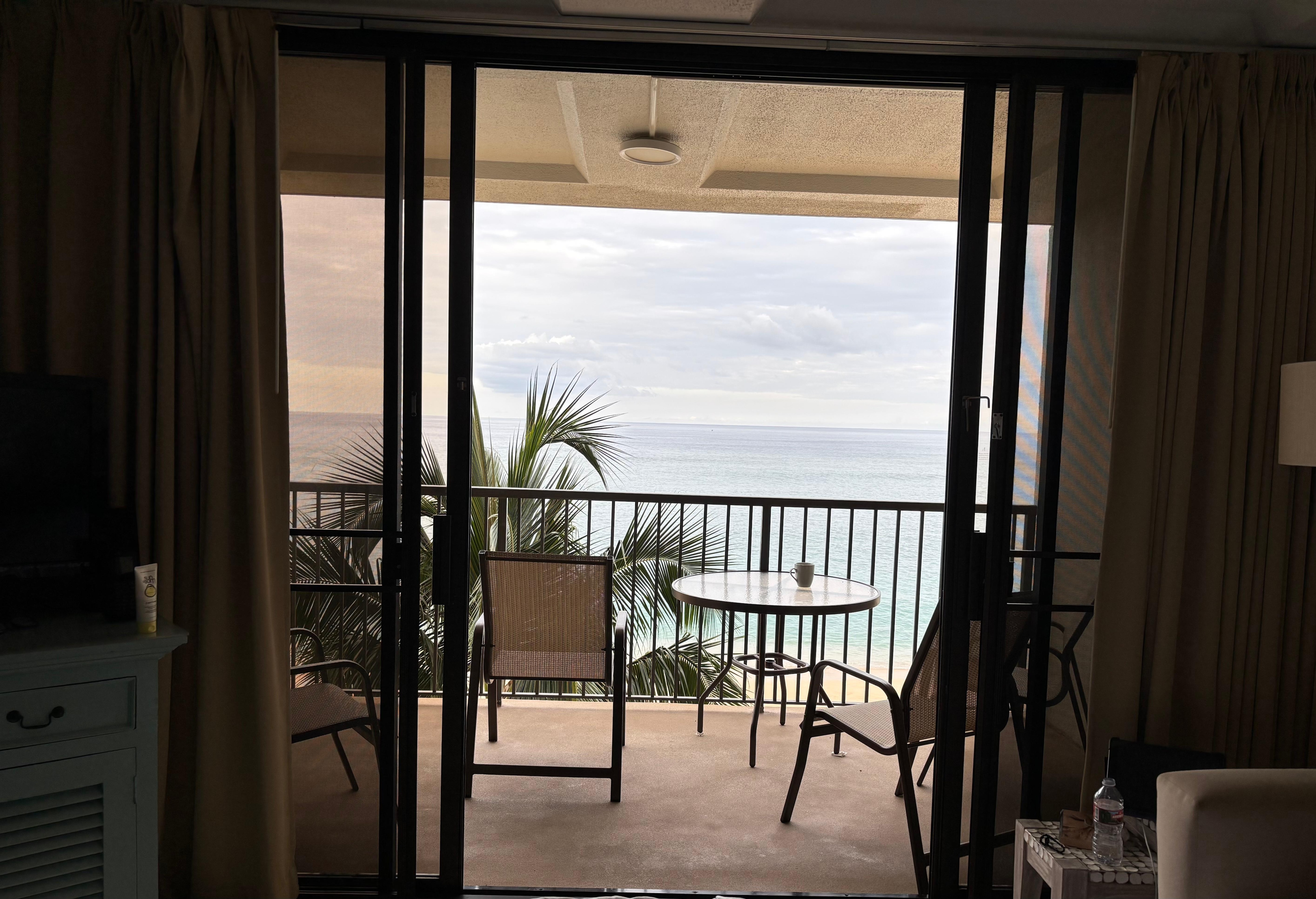 View from kitchen looking out to balcony w/double screens and slider doors open 