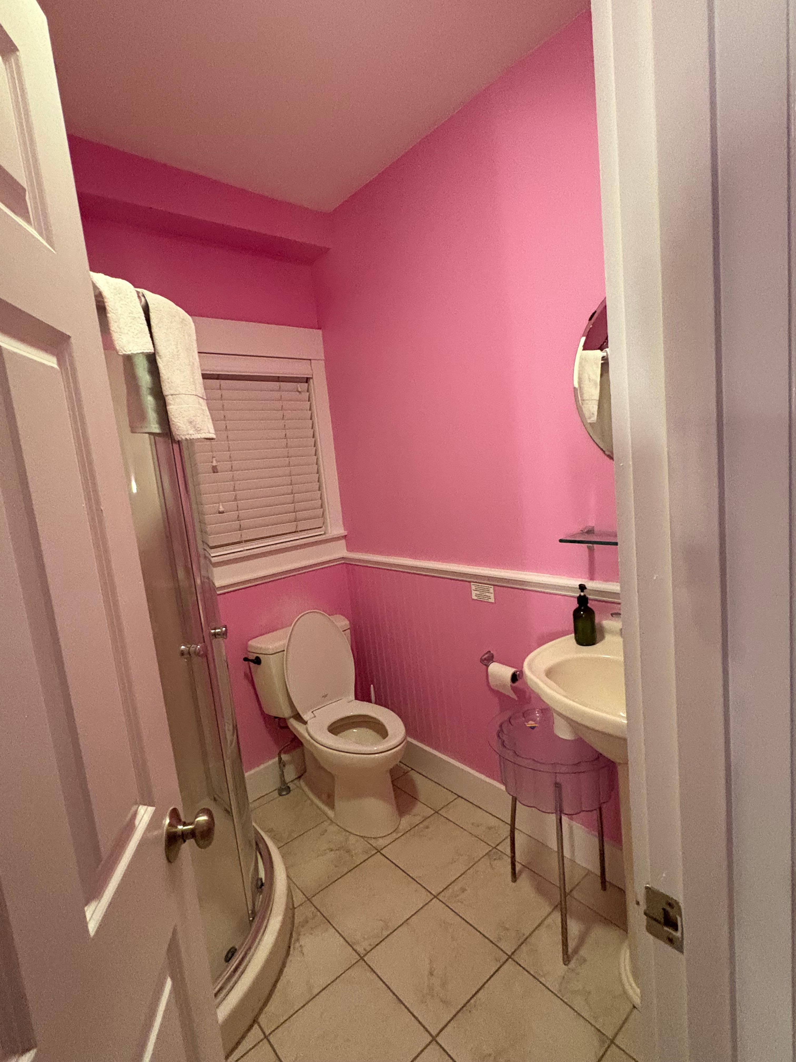 once u get past the color there is a round shower- can hold 2.  separate heater is bath room worked well.  