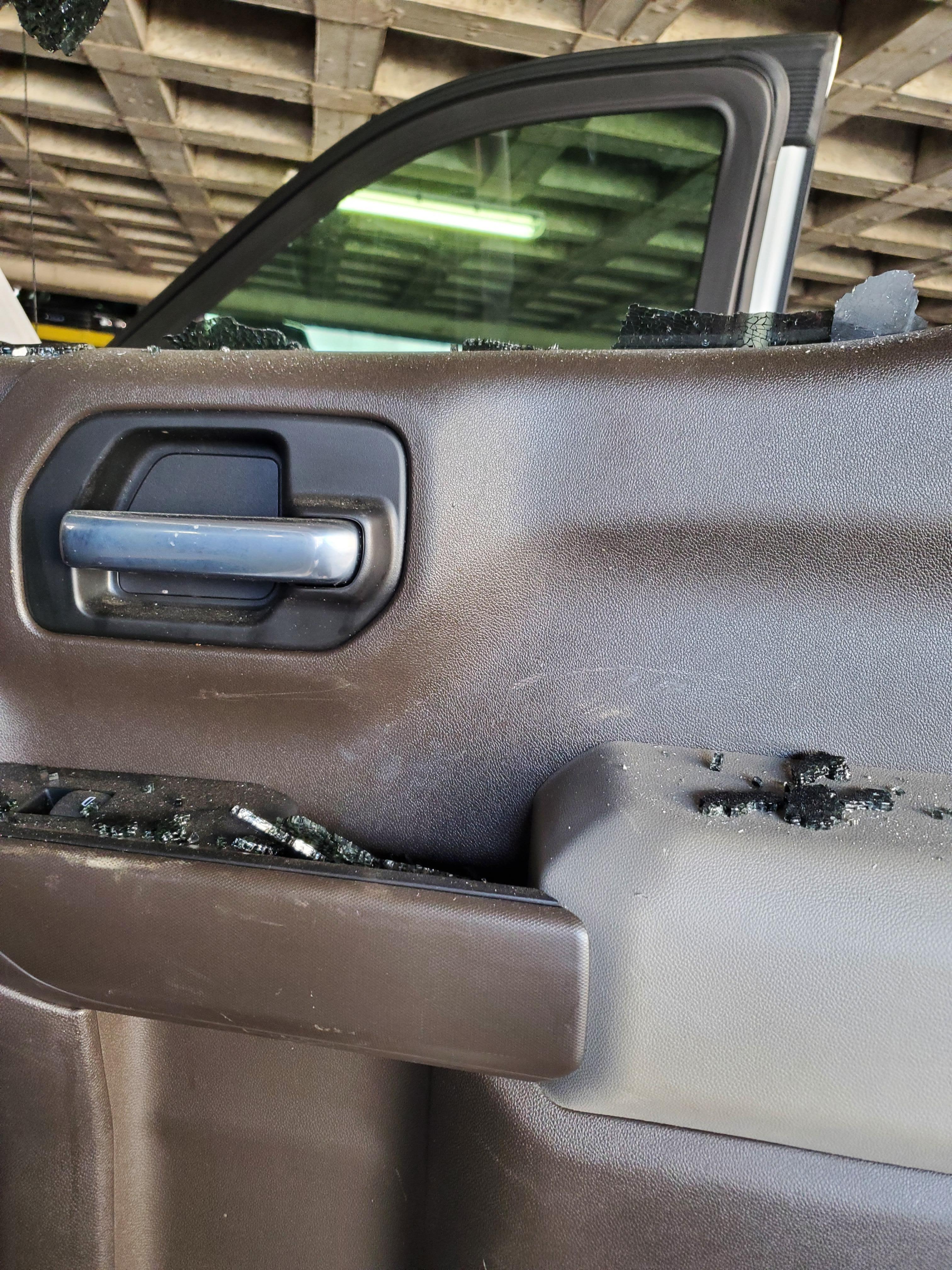 Vandalized back passenger window, interior view