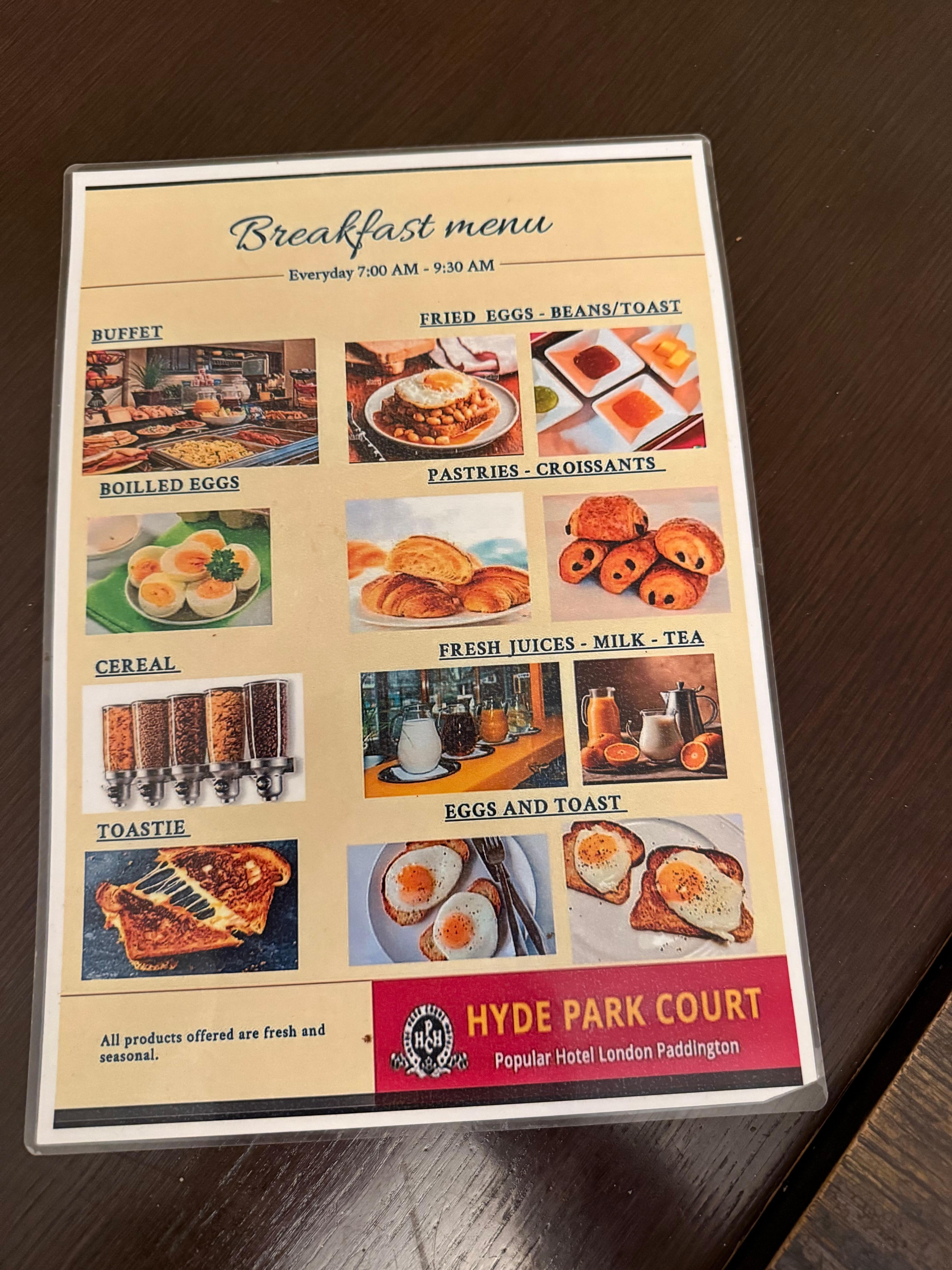 Menukortet ved morgenmaden