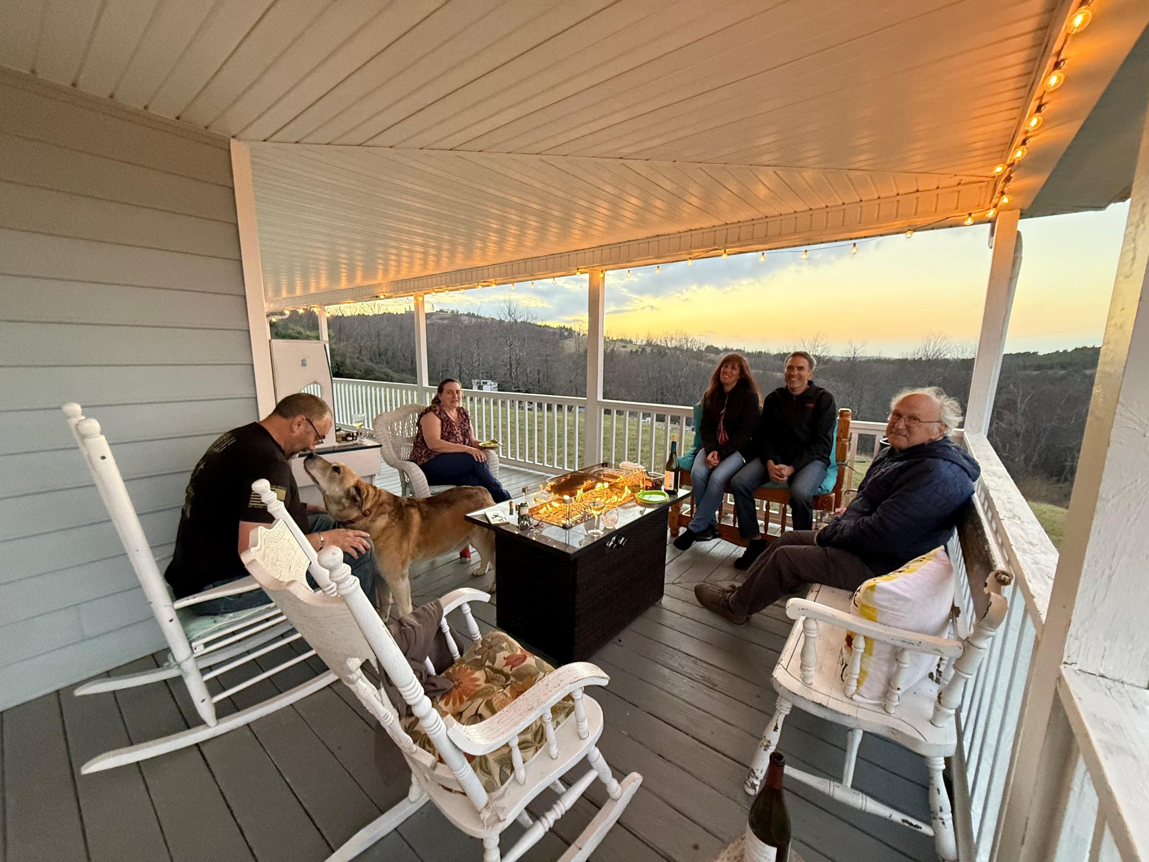 Relaxing around the fire in the rocking chairs