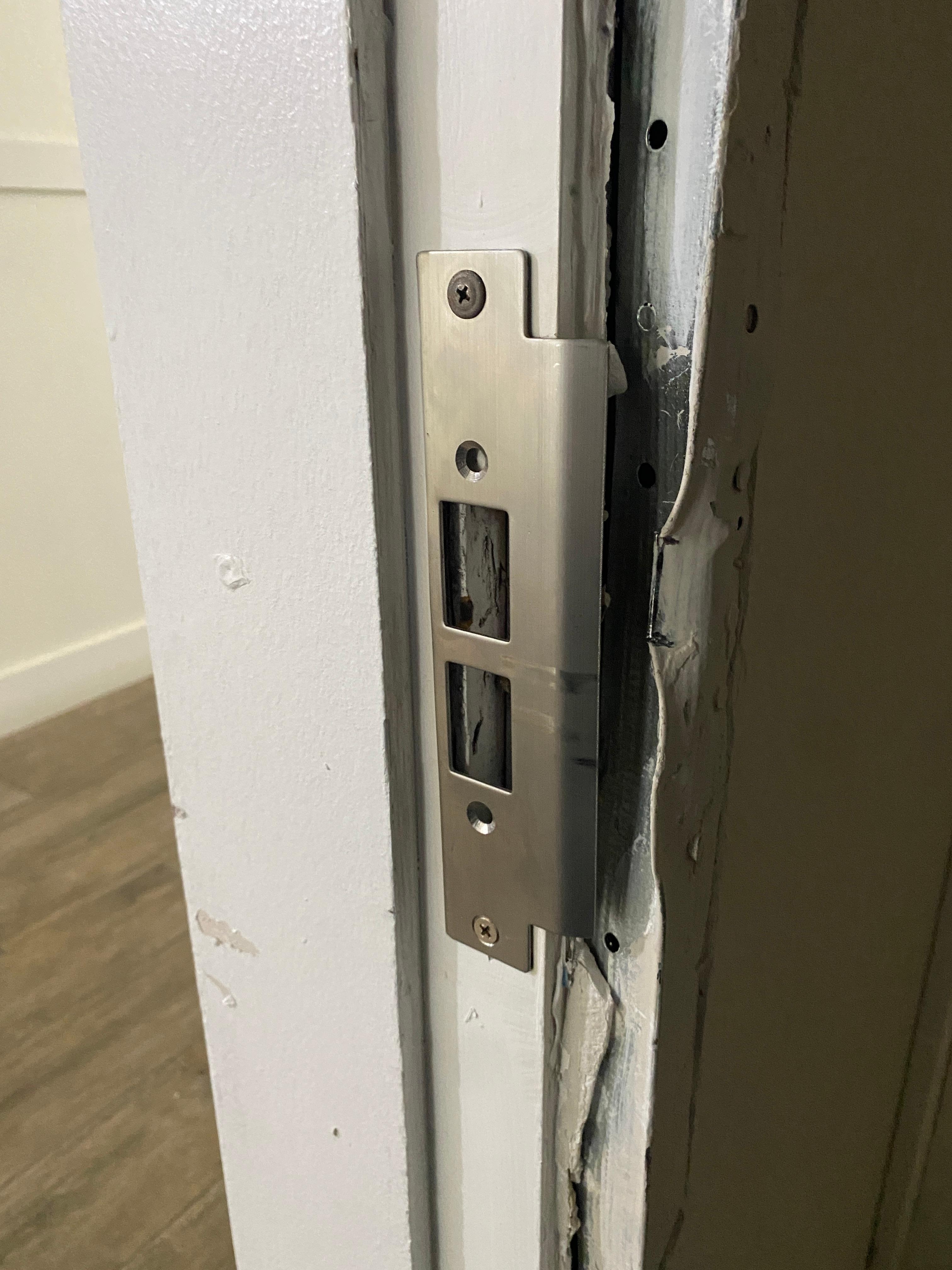 Door jam you can see that the deadbolt was commonly left out so that the door wouldn’t close like it was when we arrived.