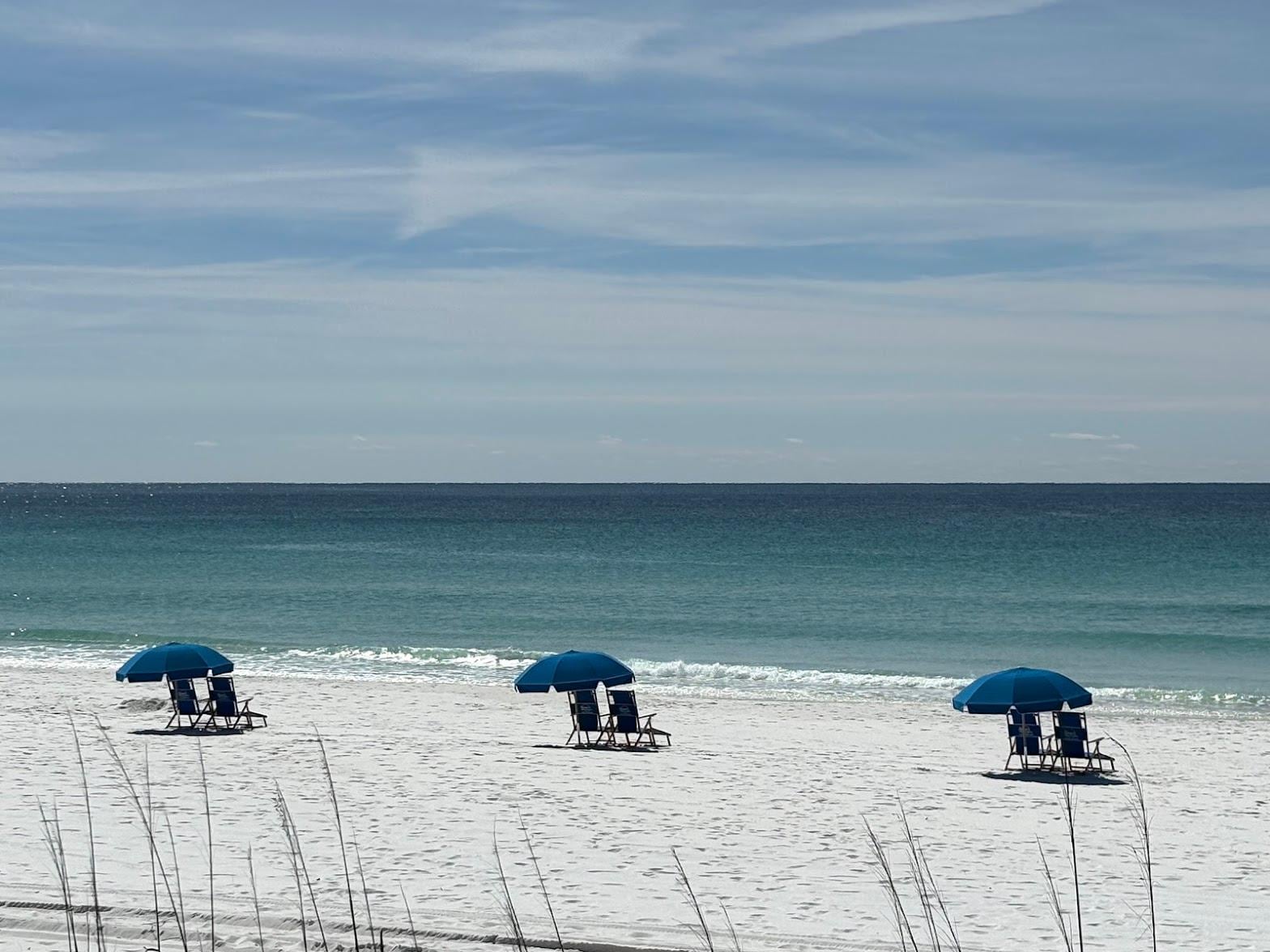 The beach just outside the hotel. Chairs are available to rent.