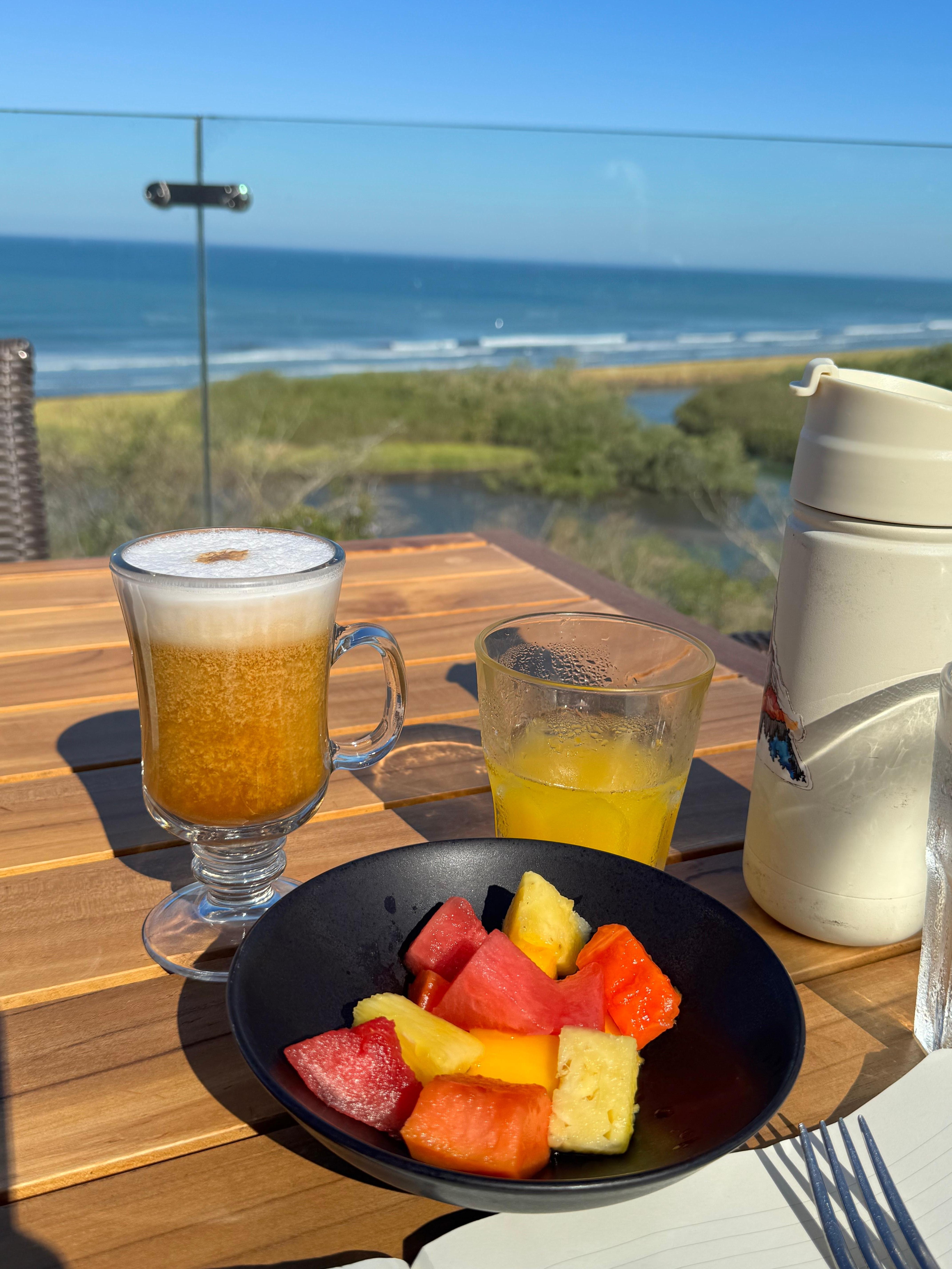 Breakfast appetizer plate w almond milk latte 