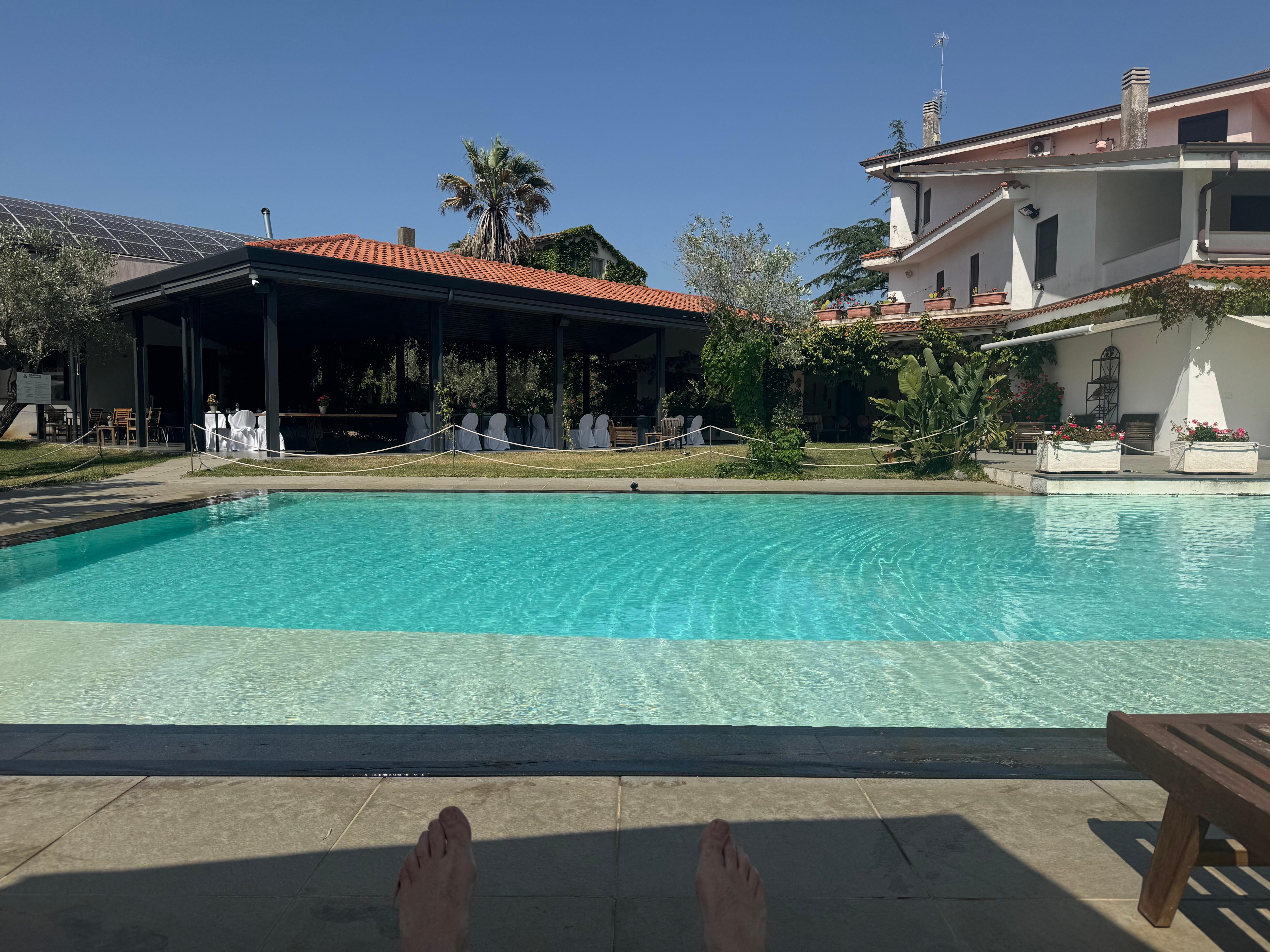 Pool. Plenty of deckchairs and sun loungers.
Many other seating areas around the location