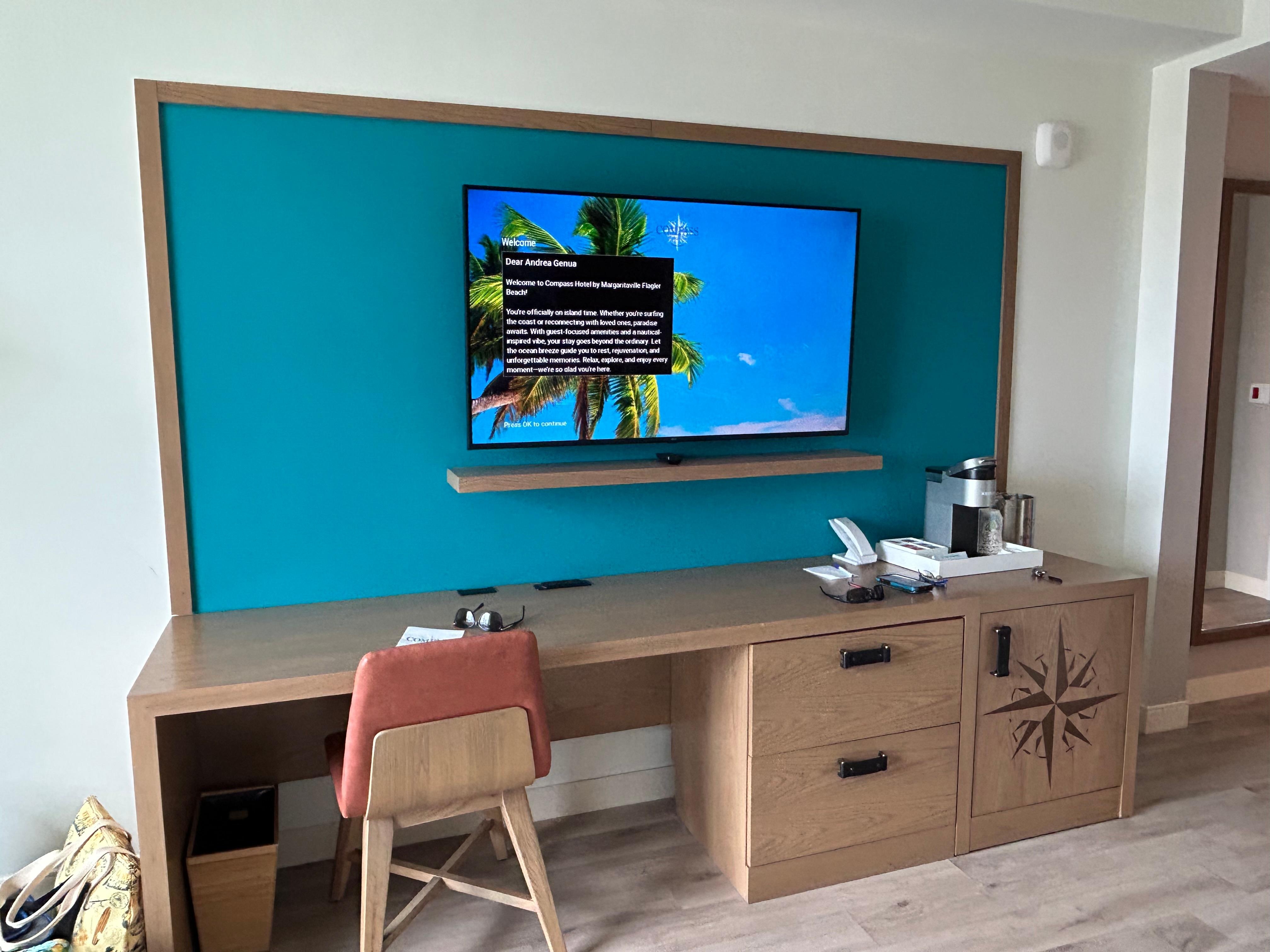 Desk, tv, dresser, fridge