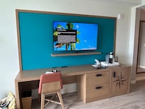 Desk, tv, dresser, fridge