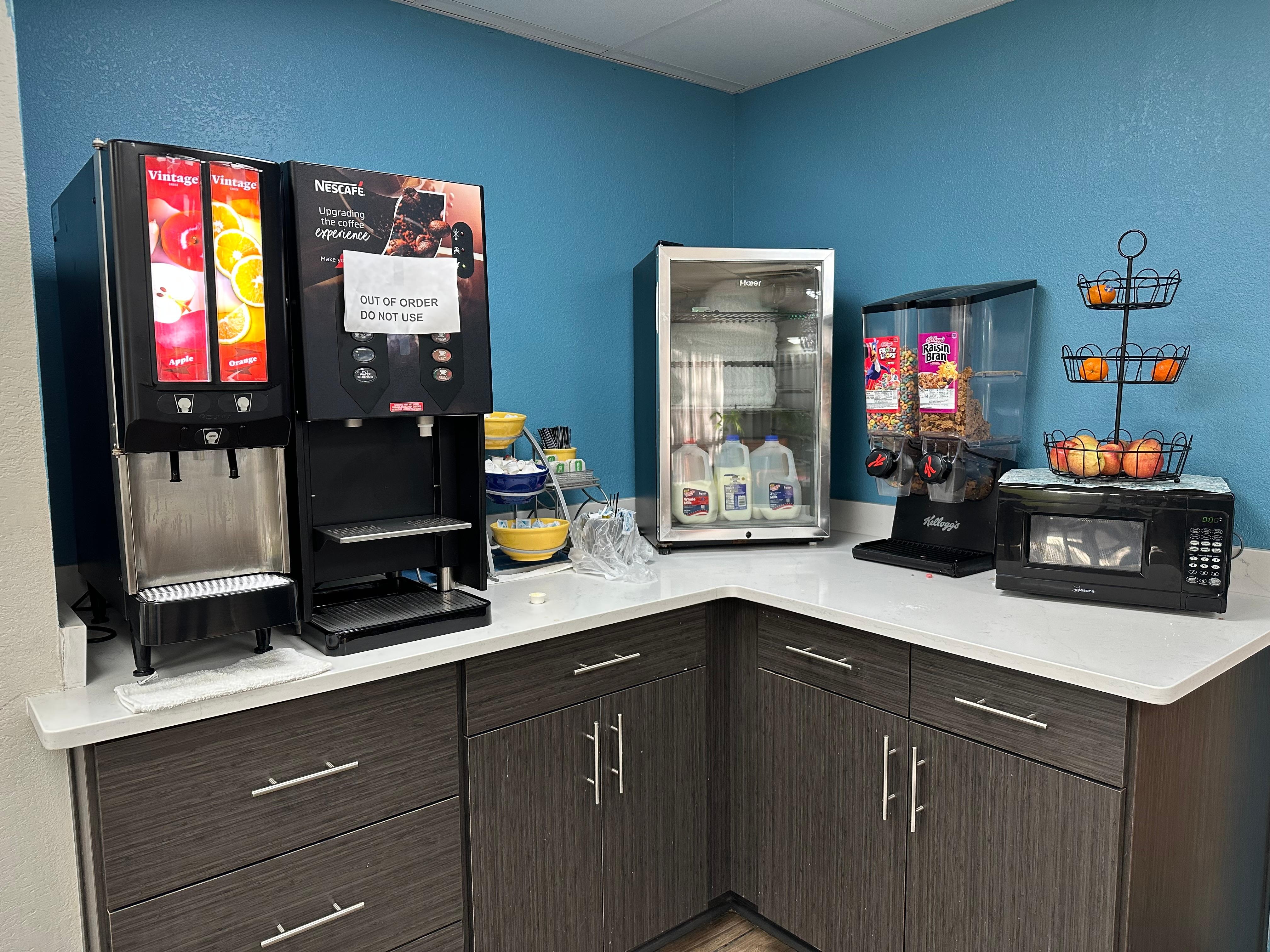 Expired milk, broken coffee machine. Disgusting and a health hazard. 