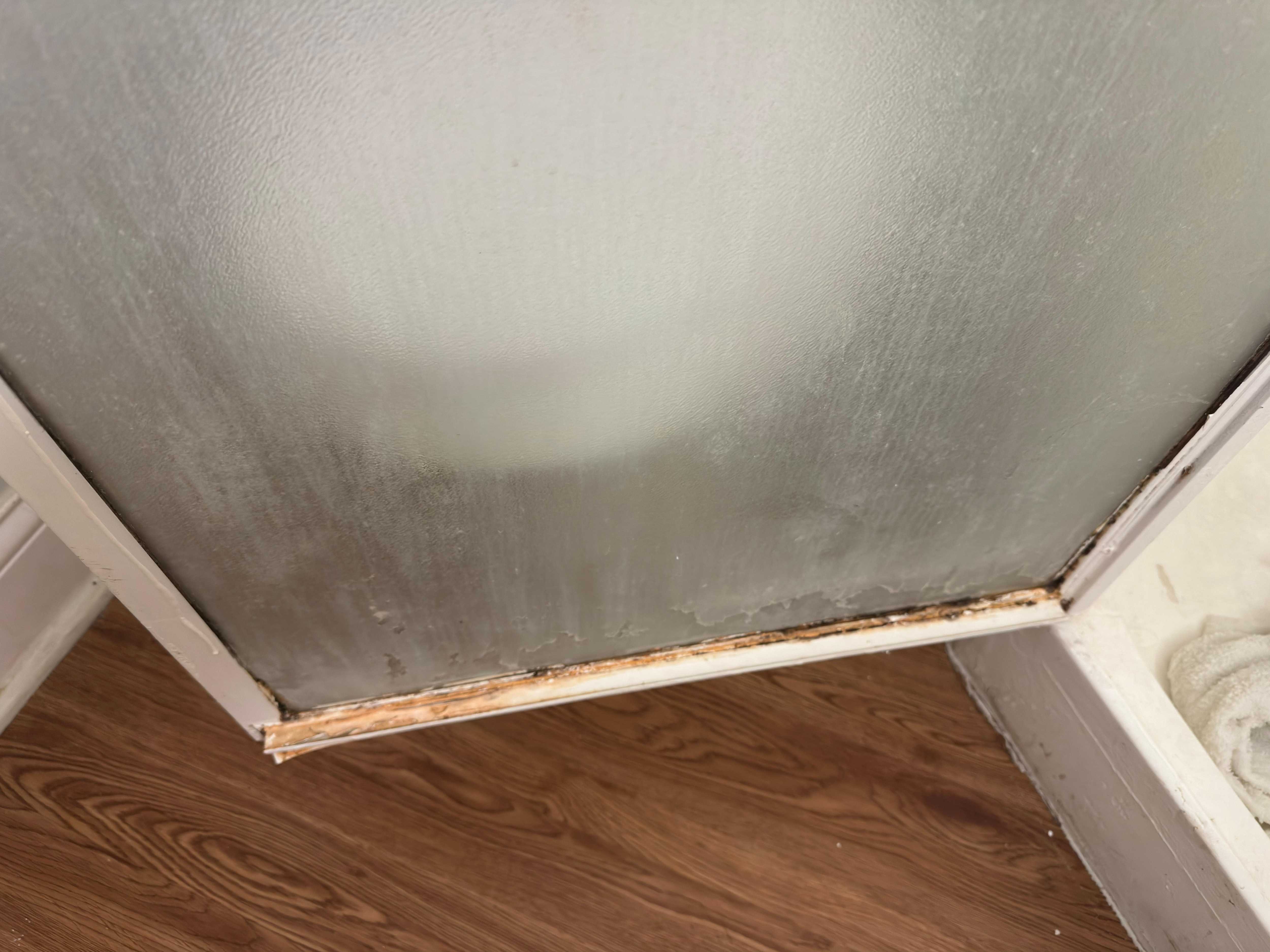 Rusted and filthy shower door