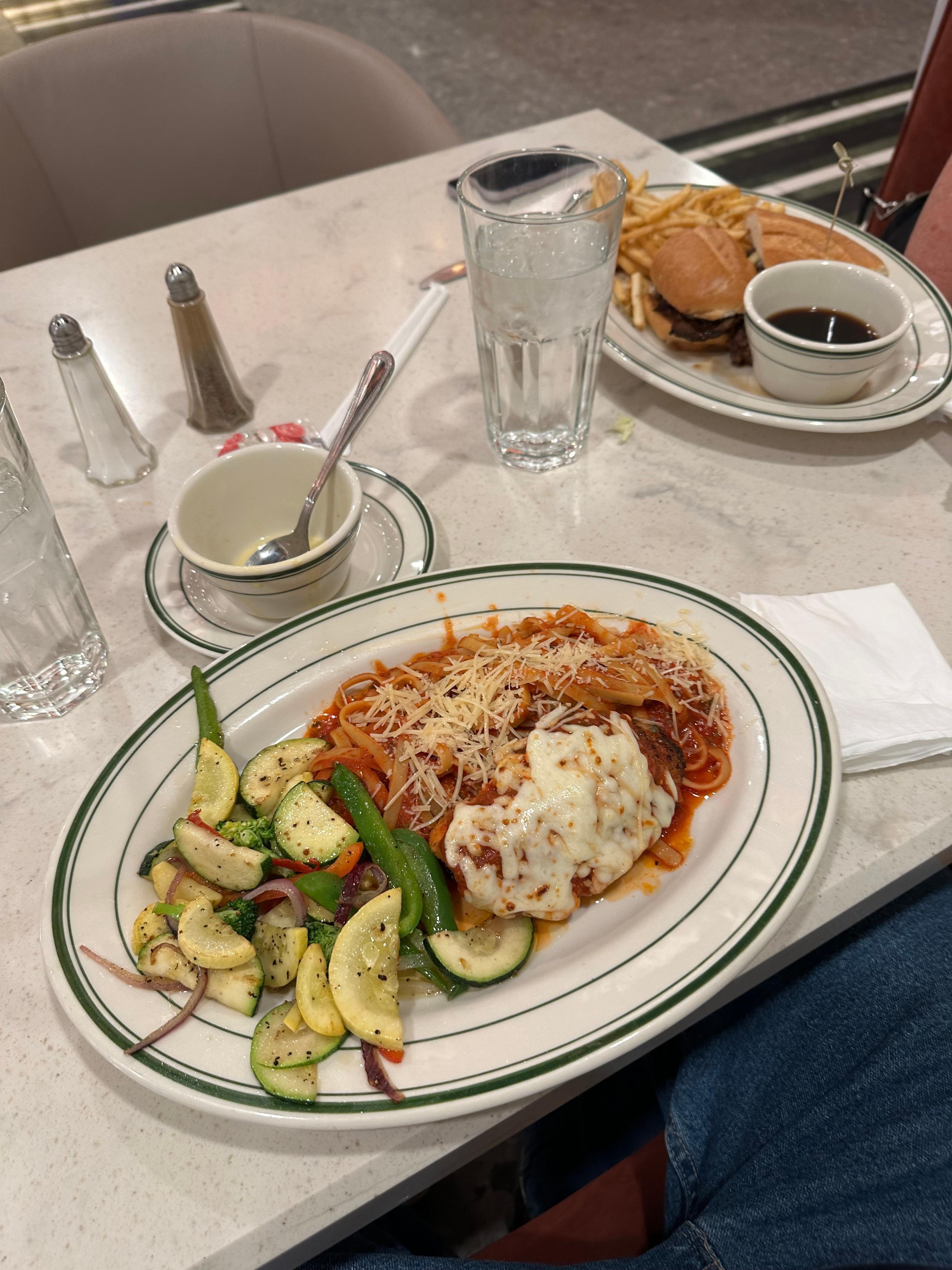 French dip with fries and Chicken Parm