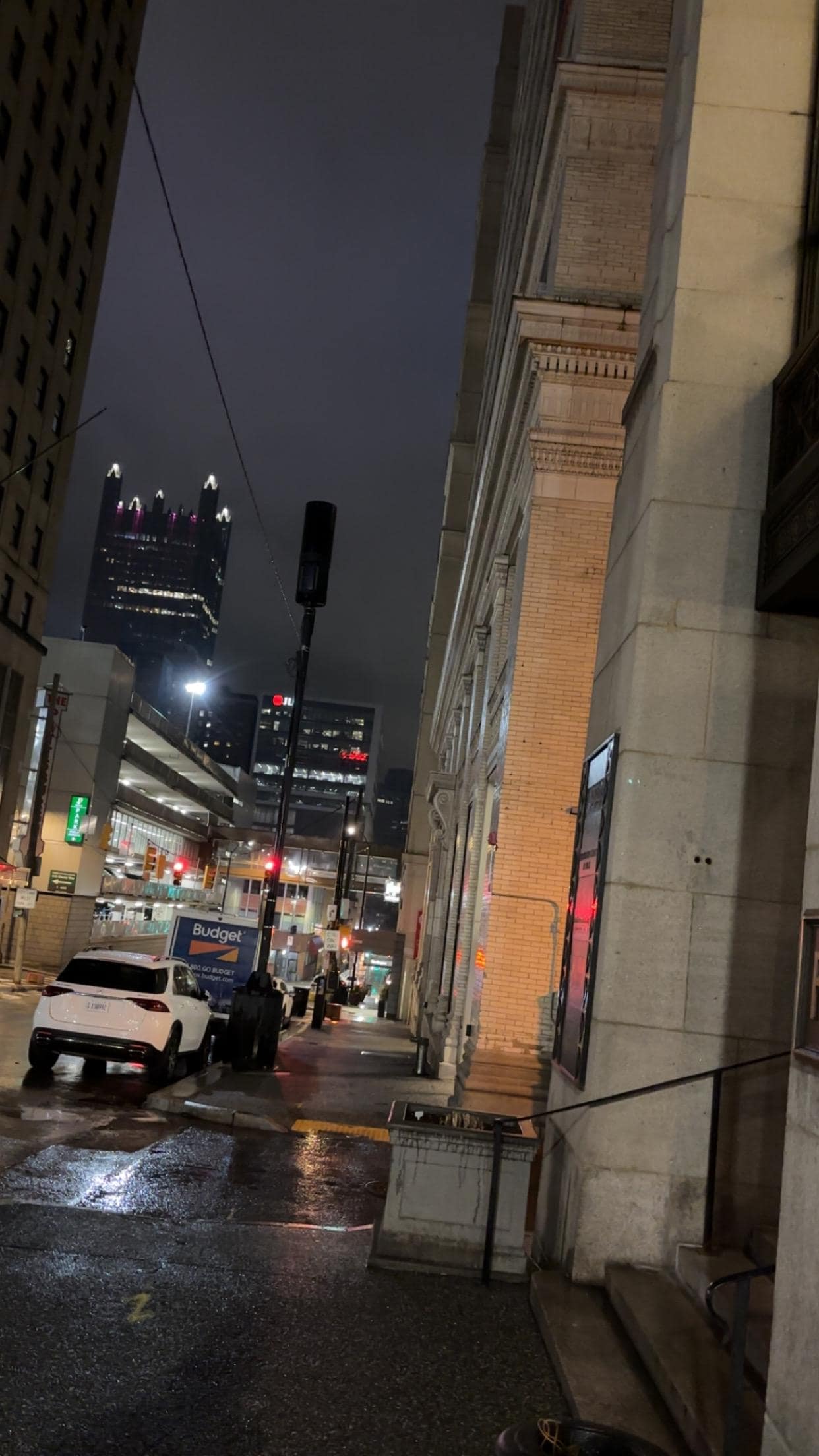 On our way back to the hotel one night. You can see the hotel on the right and parking garage on the left. The gangway is not in use! 
