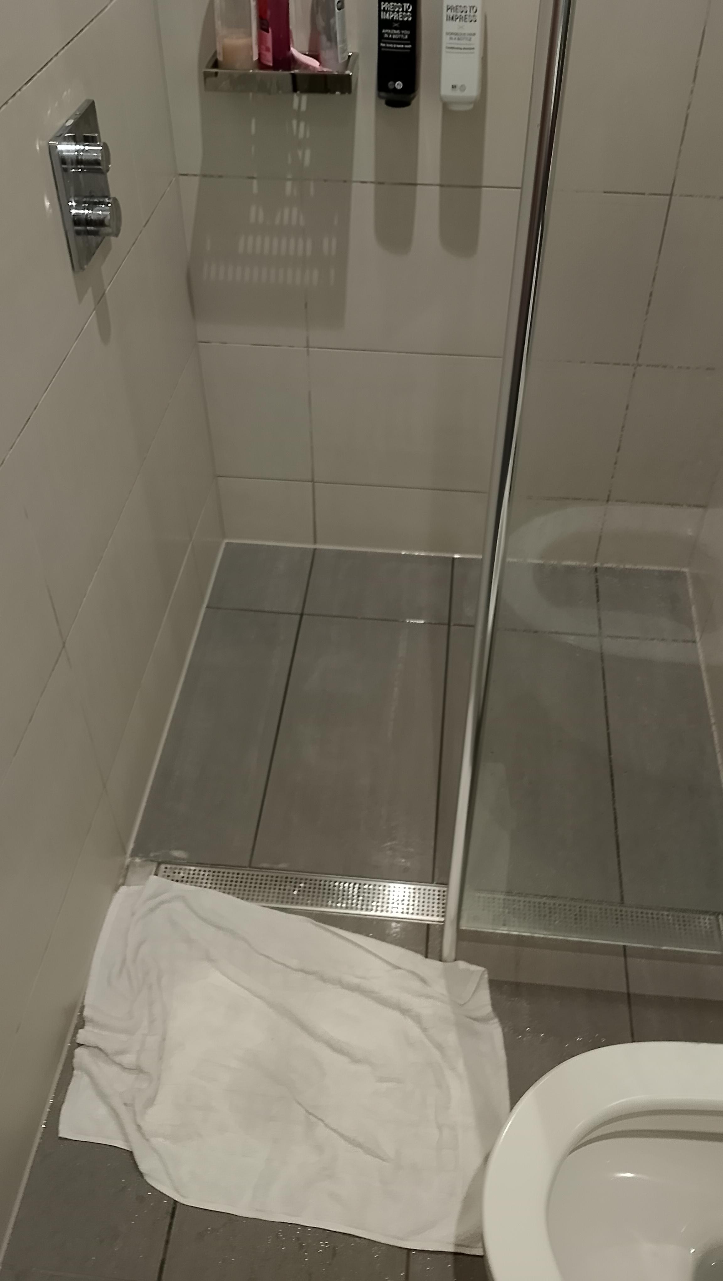 Really badly designed shower floods the bathroom and smells of urine for hours afterwards.