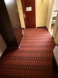 The carpet is dirty out socks were black from walking on it and the room smells