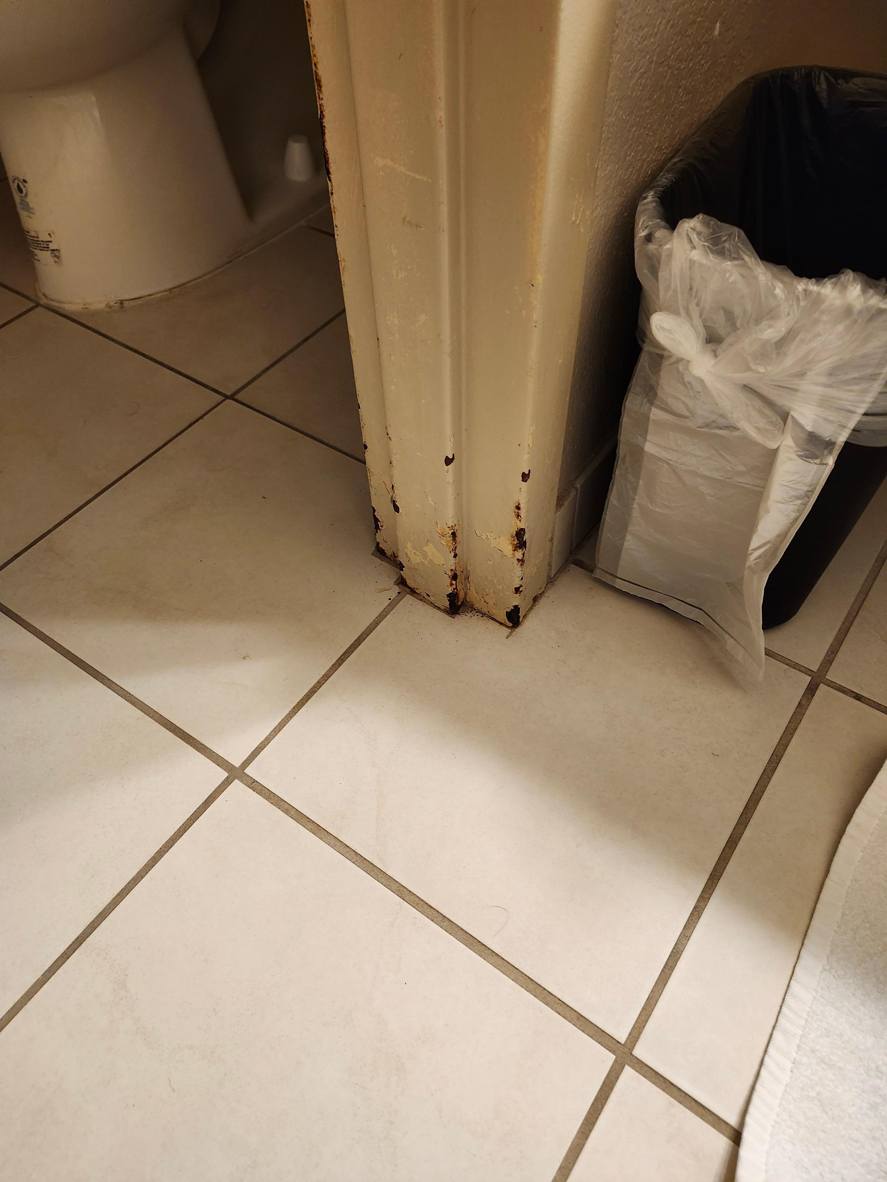 Wall going into the restroom looks like rust or needs painting.