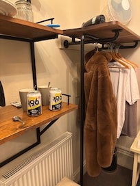 No Wardrobe, very small room and cluttered