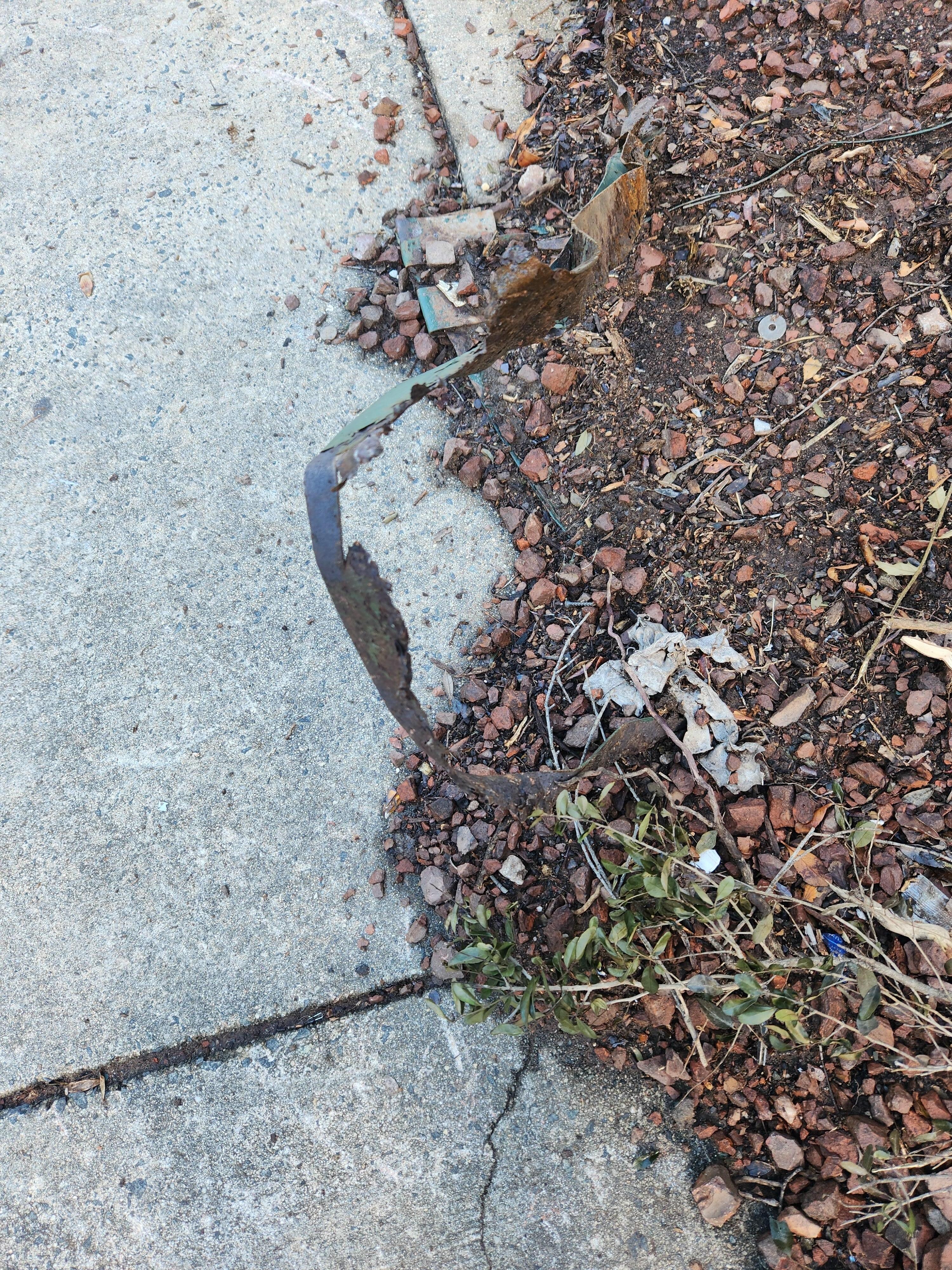 Metal object from the ground alongside the sidewalk. No caution signs.