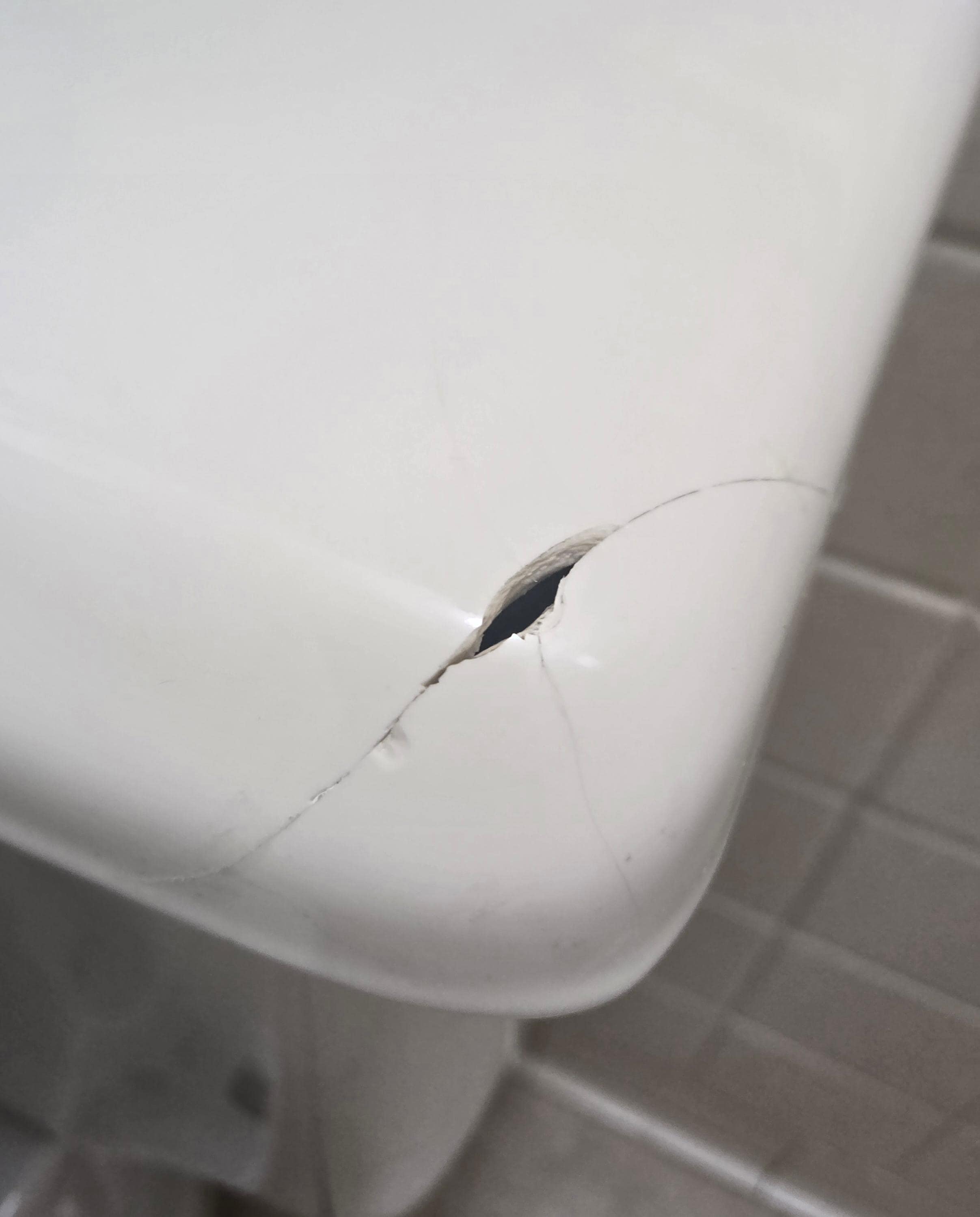 Toilet had to be held down and flushed twice, and even when just toilet paper needed to go down, very weak, slow operating toilet. Tank obviously had been broken and partially repaired. 