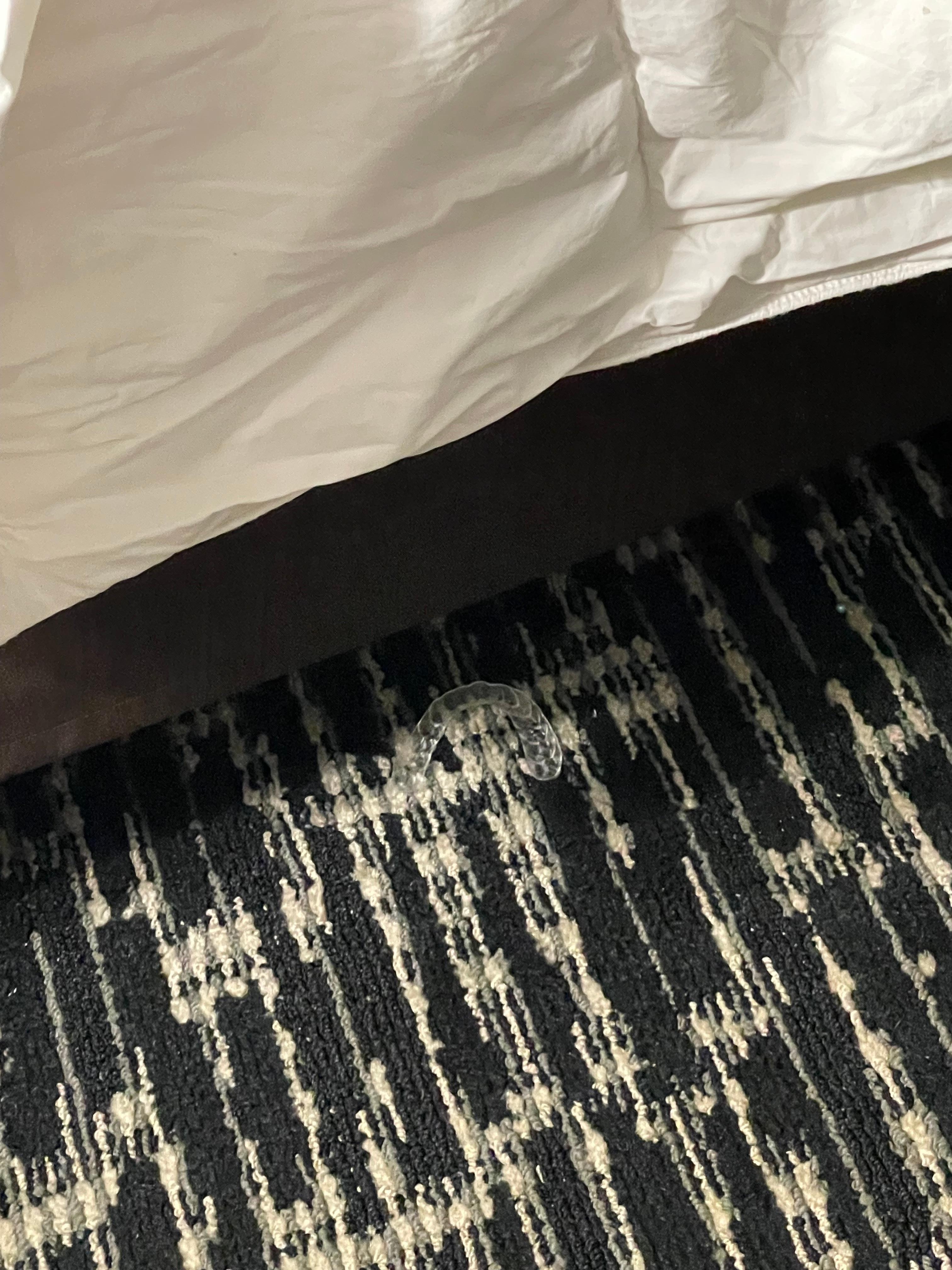 Someones retainer on the dirty ground. Hard to see dirt cus the carpet is dark 