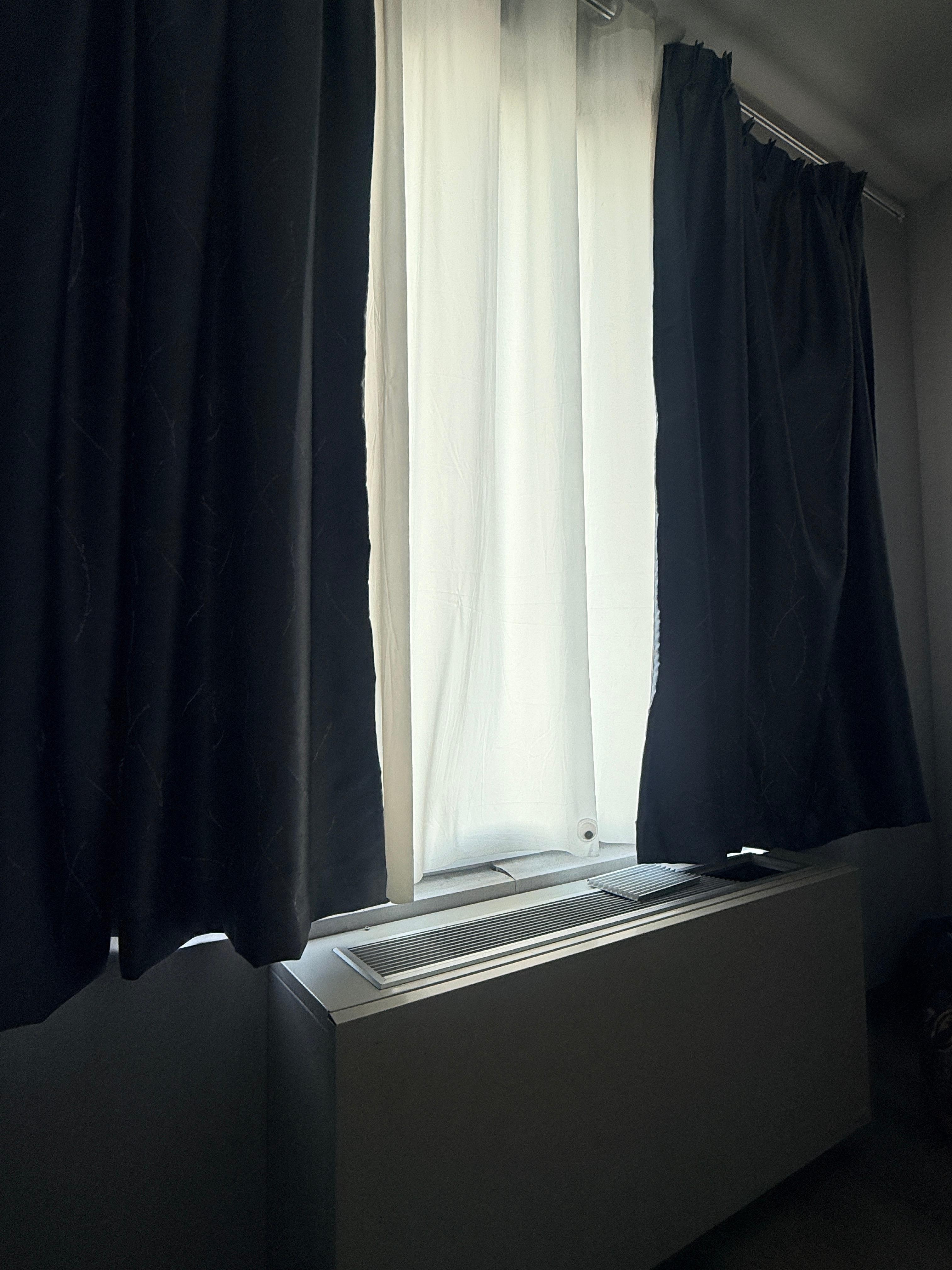 Shower curtain in the window.