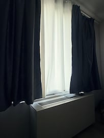 Shower curtain in the window.