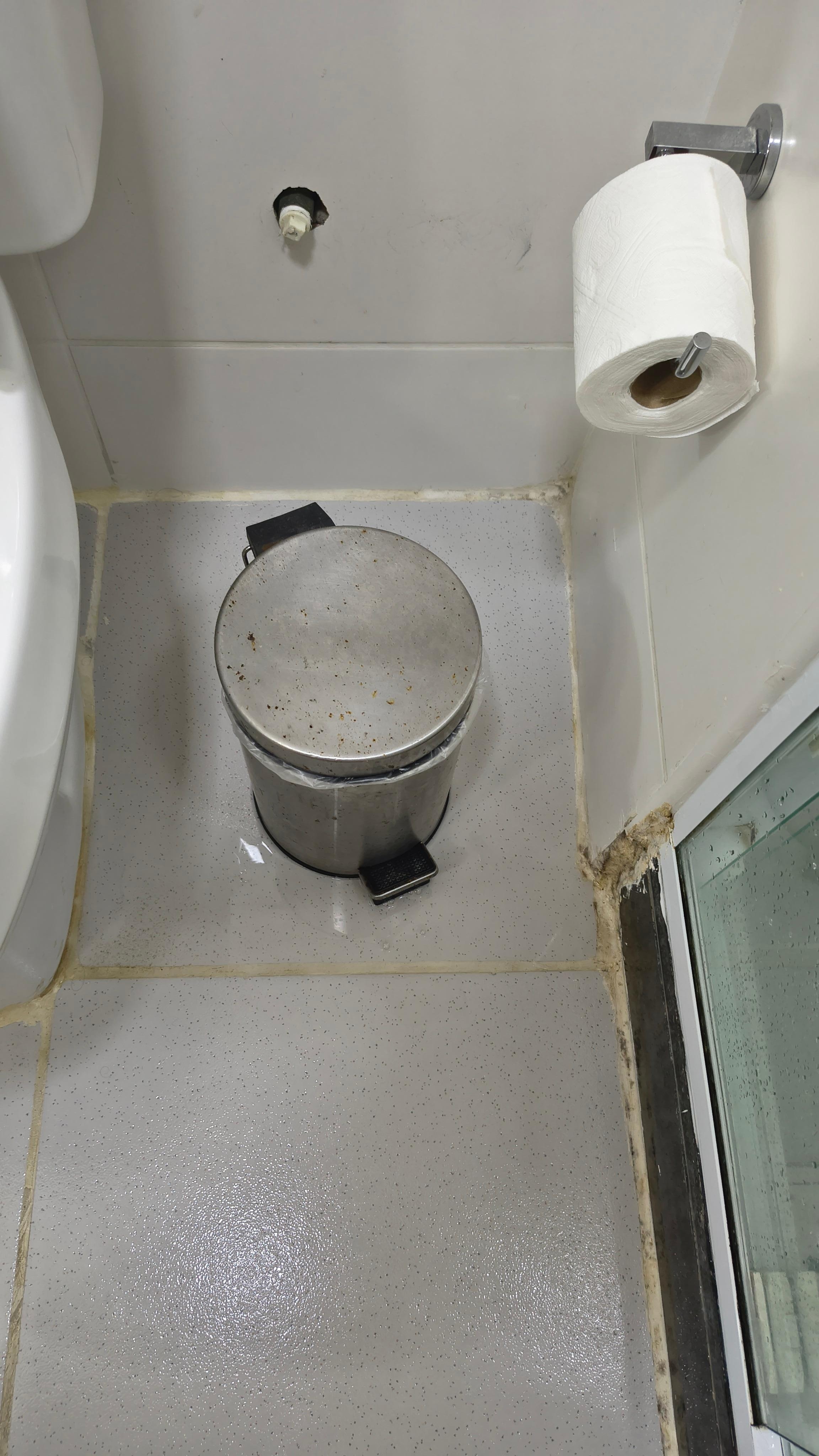 O rejunte mofado e a água que vaza do box espelhado no chão. Ponto de conexão da ducha higiênica fechado e sem a mesma.