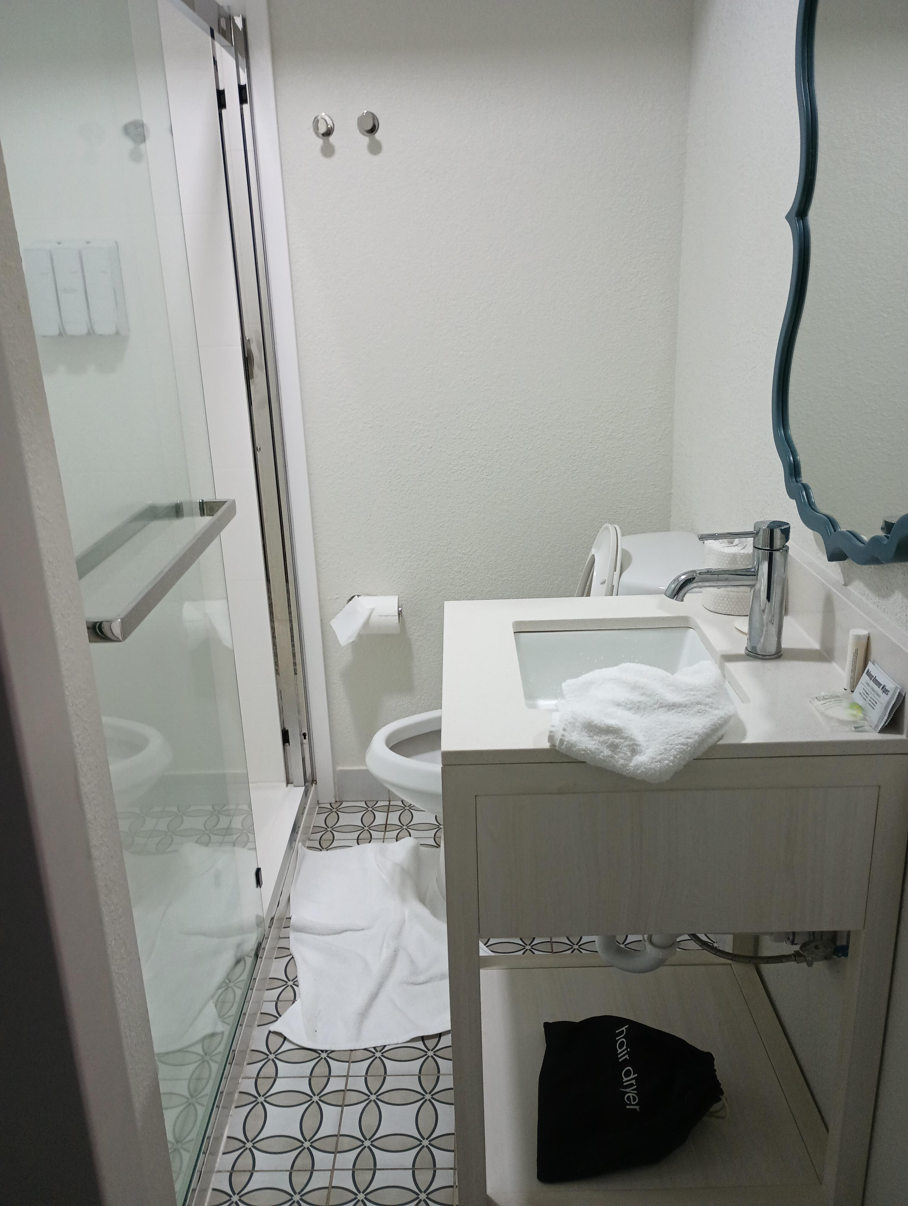 very narrow bathroom and you can see the toilet is inches from shower door