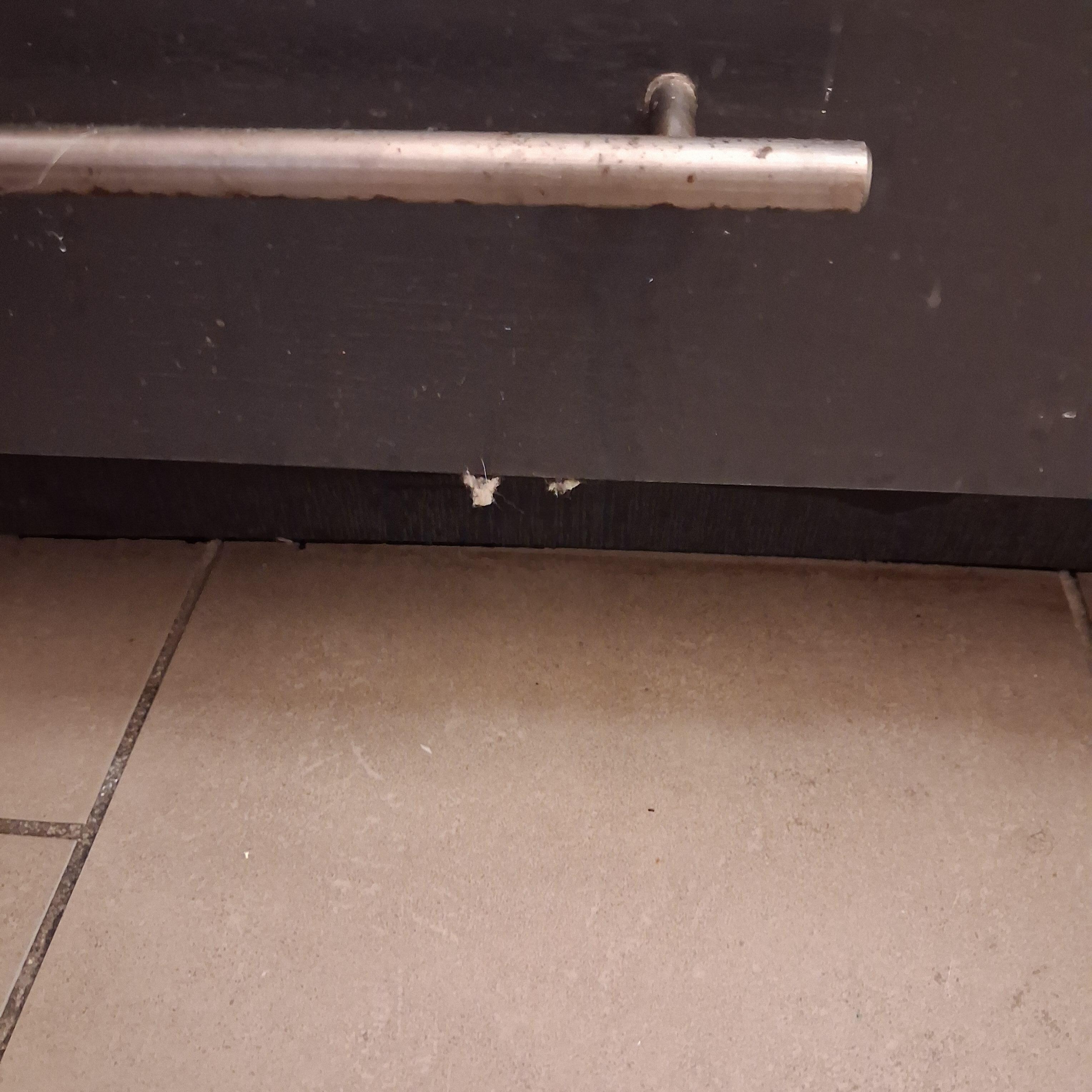 Dirt,hair and lint stuck to bottom of bathroom cabinet