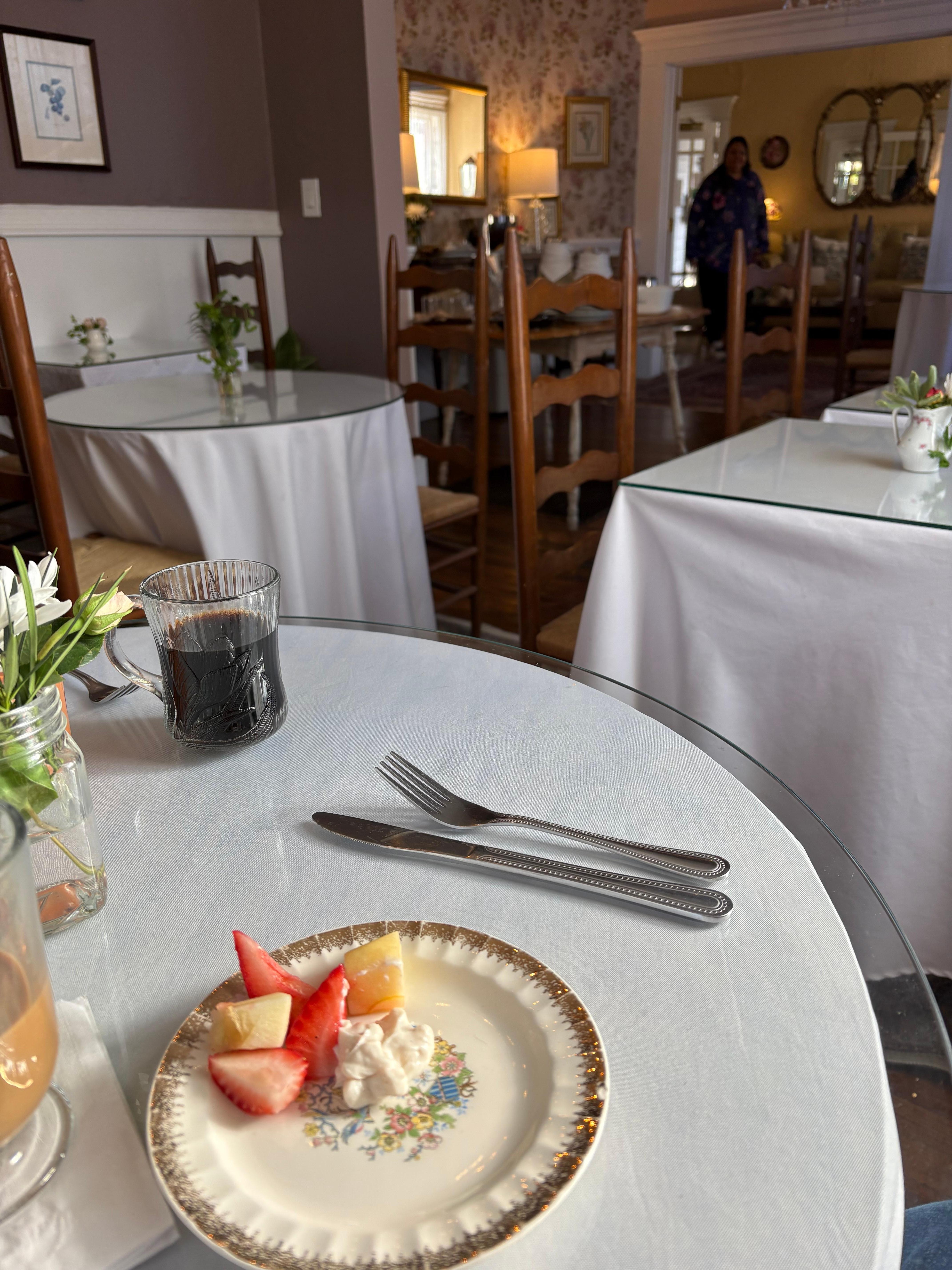 Yogurt with fruit, spinach quiche with black bean salsa, muffins warm from the oven!