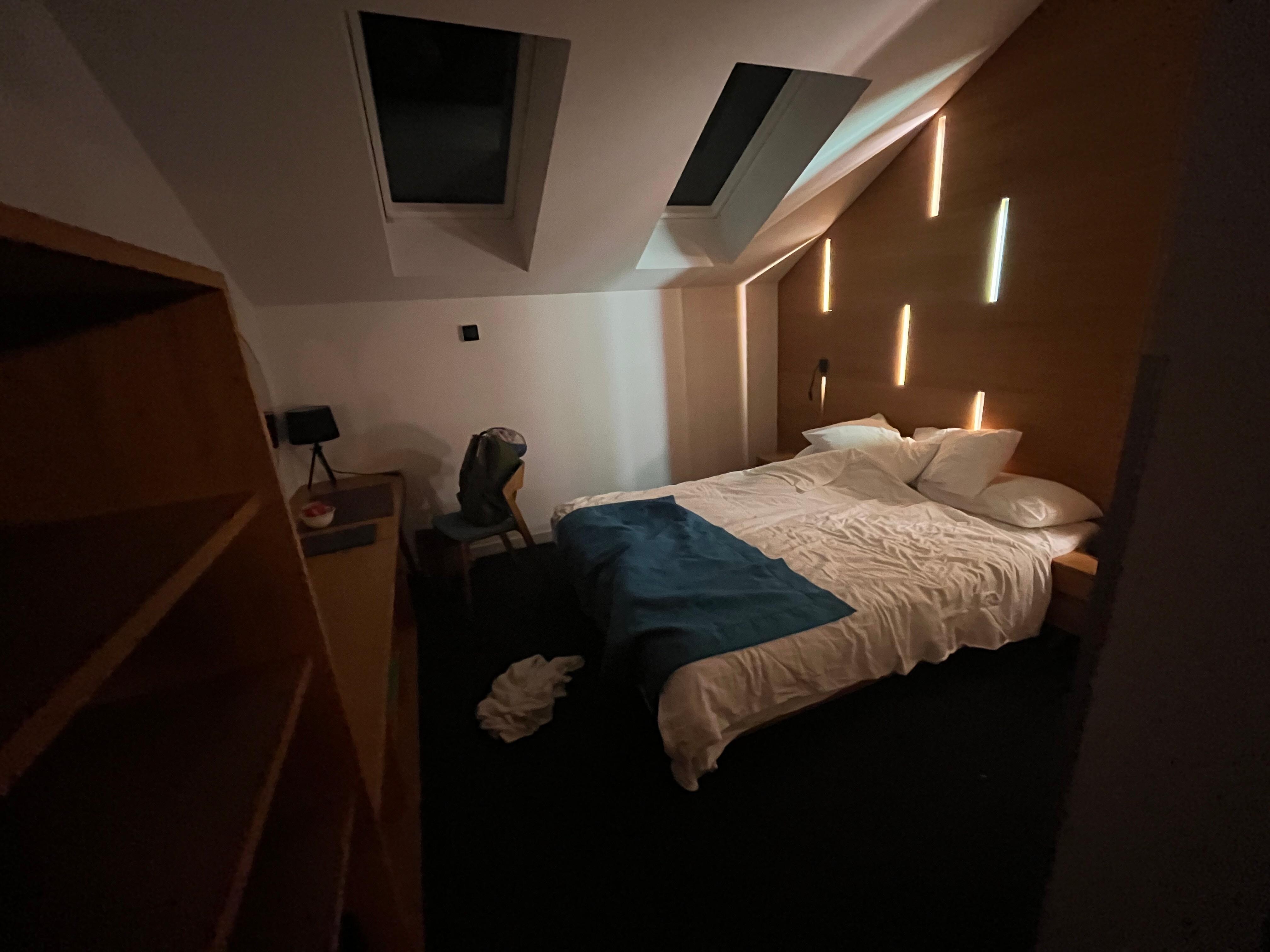 My room, just before I left for the airport at 4 a.m. See the two skylights up top. This is room 405. Worth requesting.