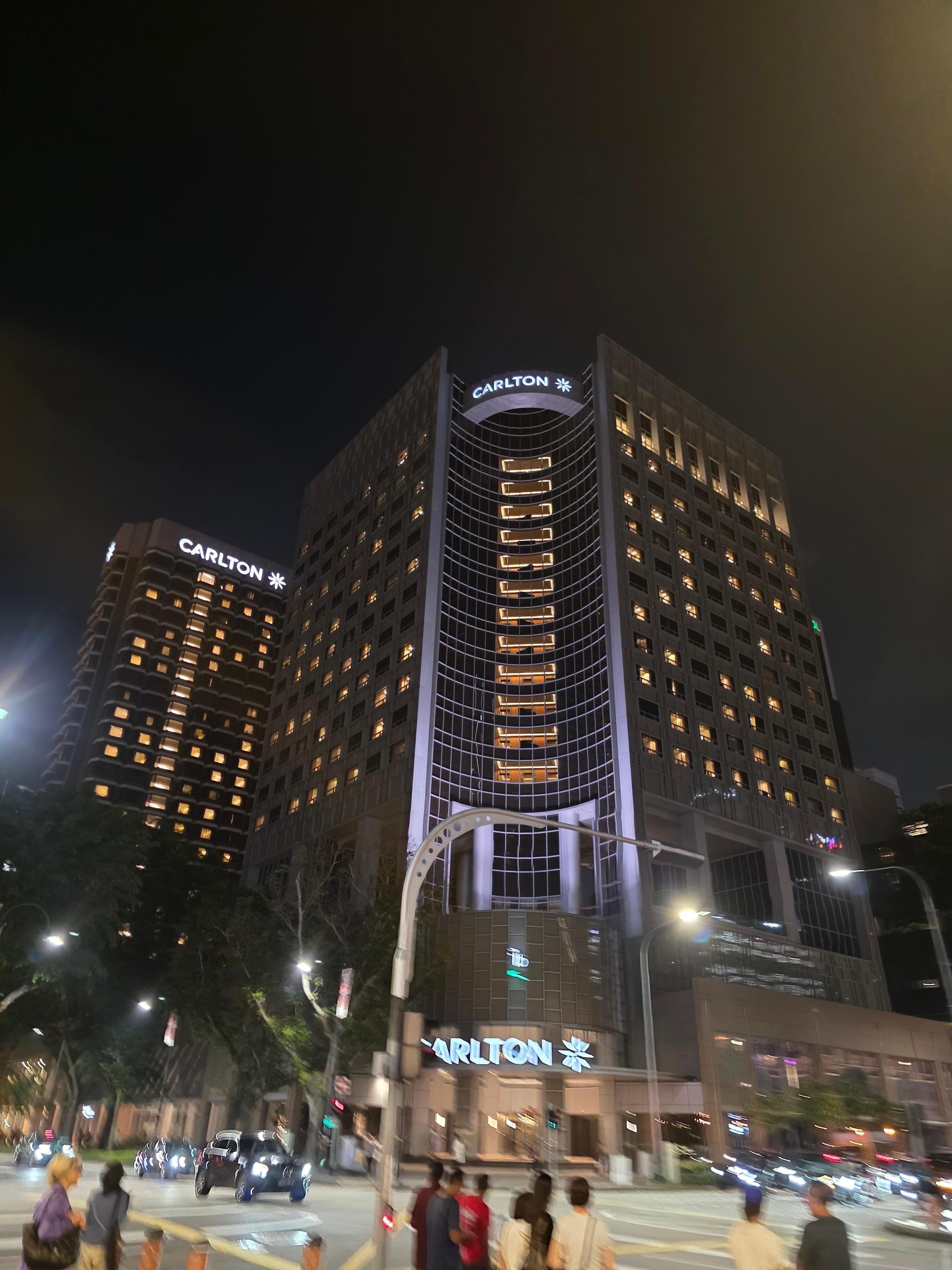 The exterior of the hotel at night