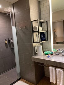 洗面の左手がシャワールーム。しっかり熱いお湯が出ます。