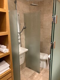 The bed touched the glass on the bathroom. No separate area for the sink and shower so the floor was wet after taking a shower and had to brush teeth on a wet floor. To use toilet had to walk across a wet floor