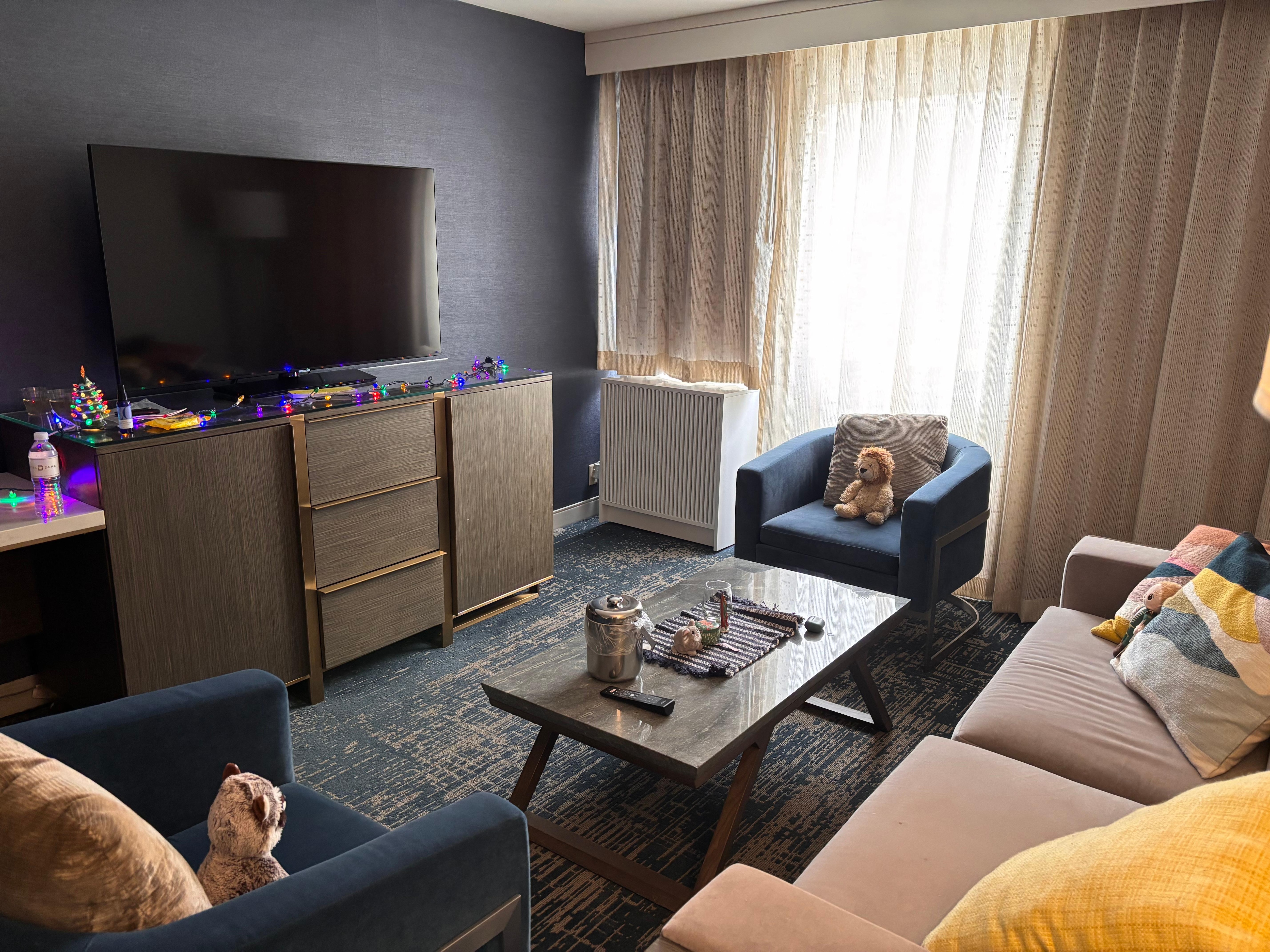 The living room of the suite with two plushy dudes who insisted on staying with us. 