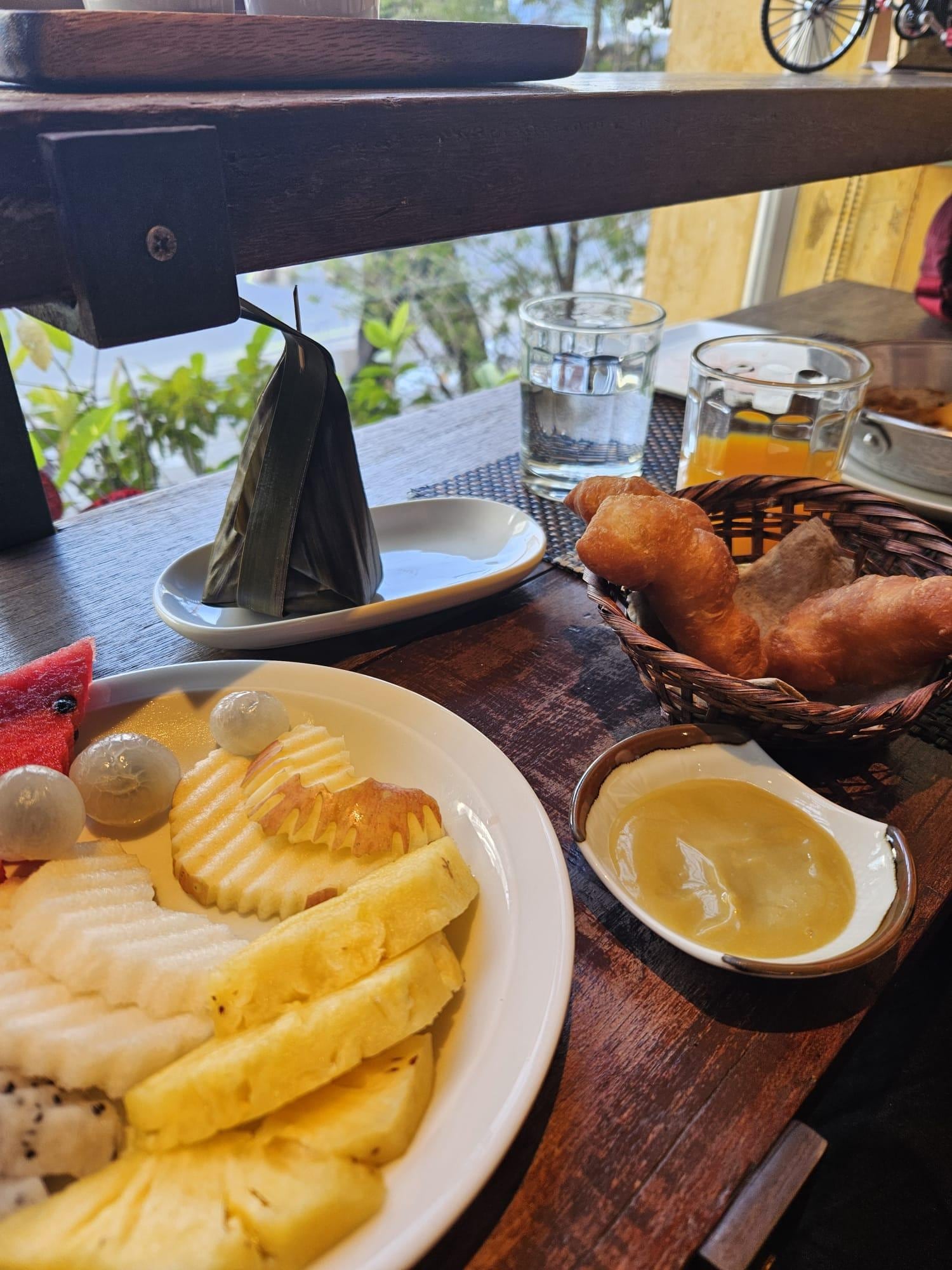Fresh fruit, Thai dessert and donuts with homemade pandan jam