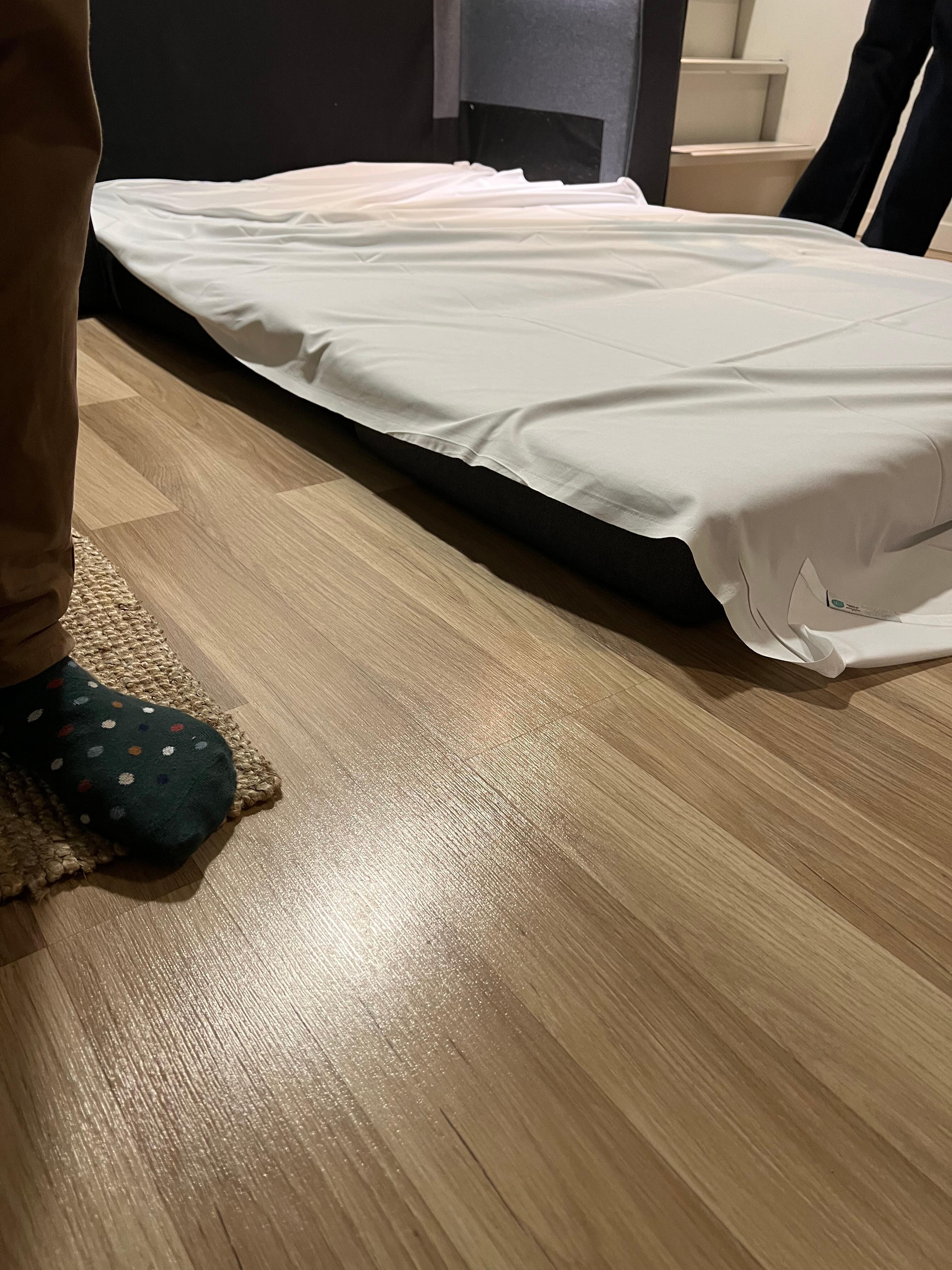 bed turned out to be a mattress directly on the floor with a wooden beam in the middle.