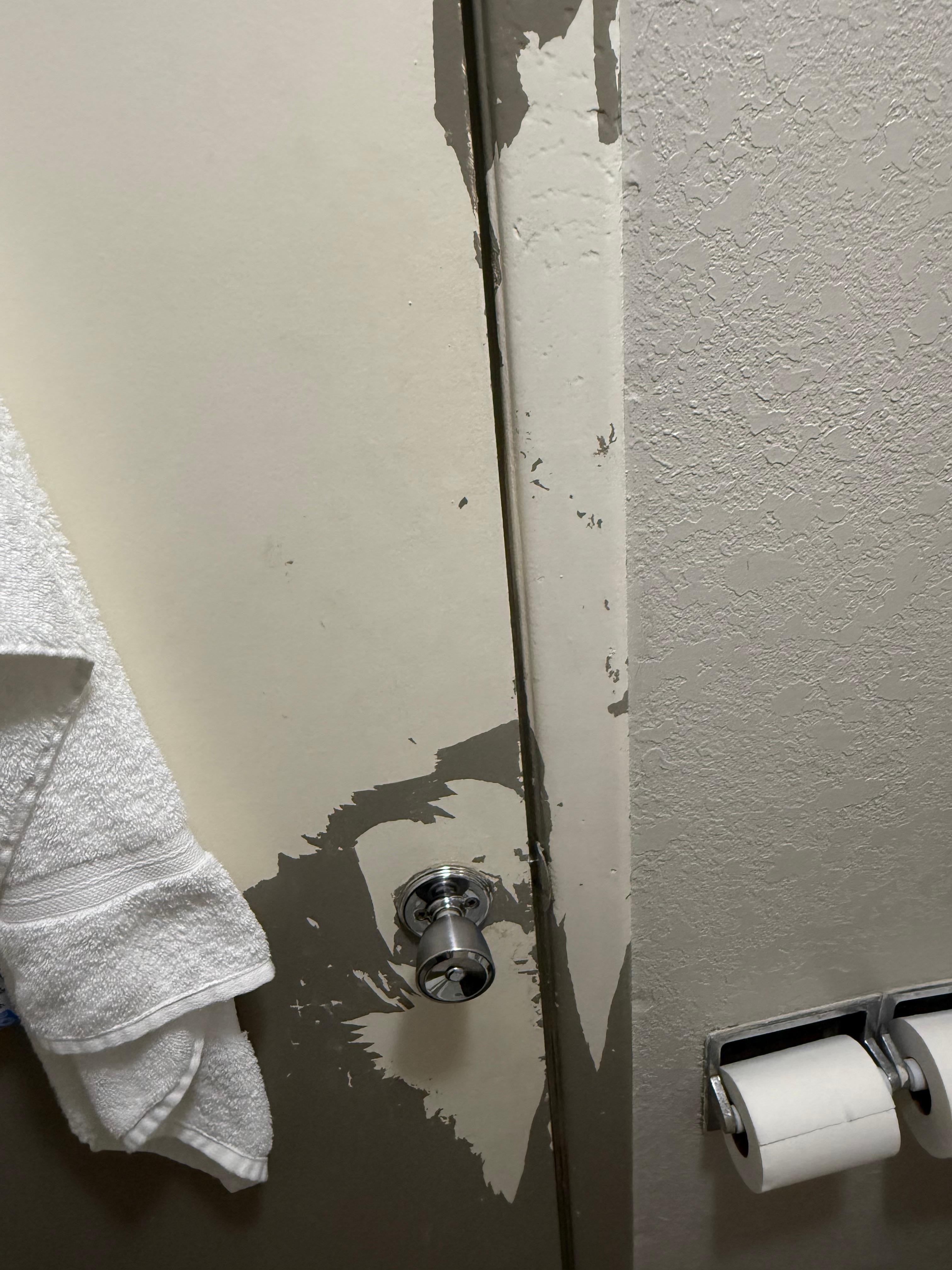 Bathroom door with peeling paint. Same thing with main entry doors. 