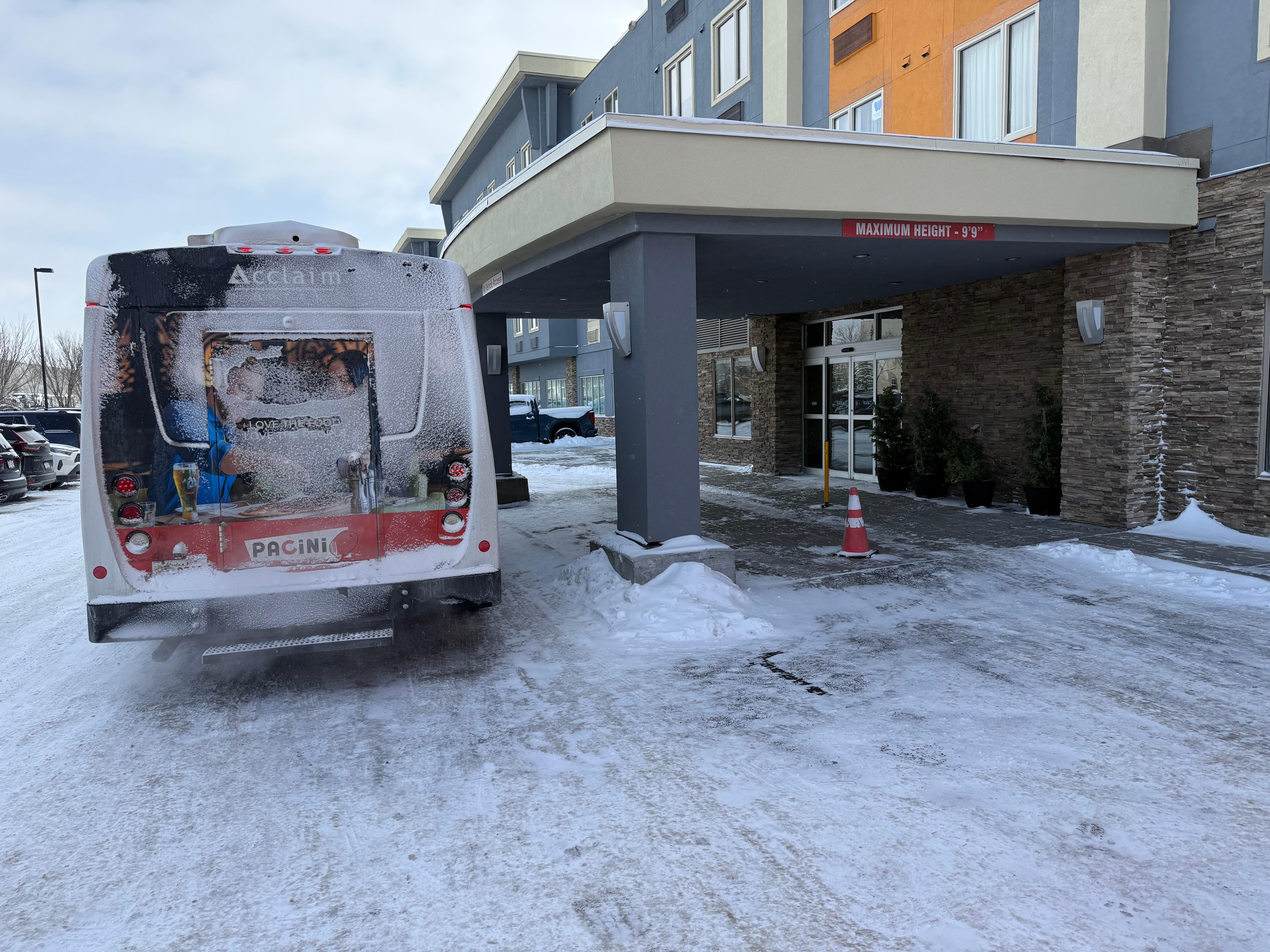 The lazy shuttle driver parks and blocks the front entry so you cannot unload your bags in the snow and on the ice so I ended up slipping bringing in all my bags and boxes. They block off the entry.