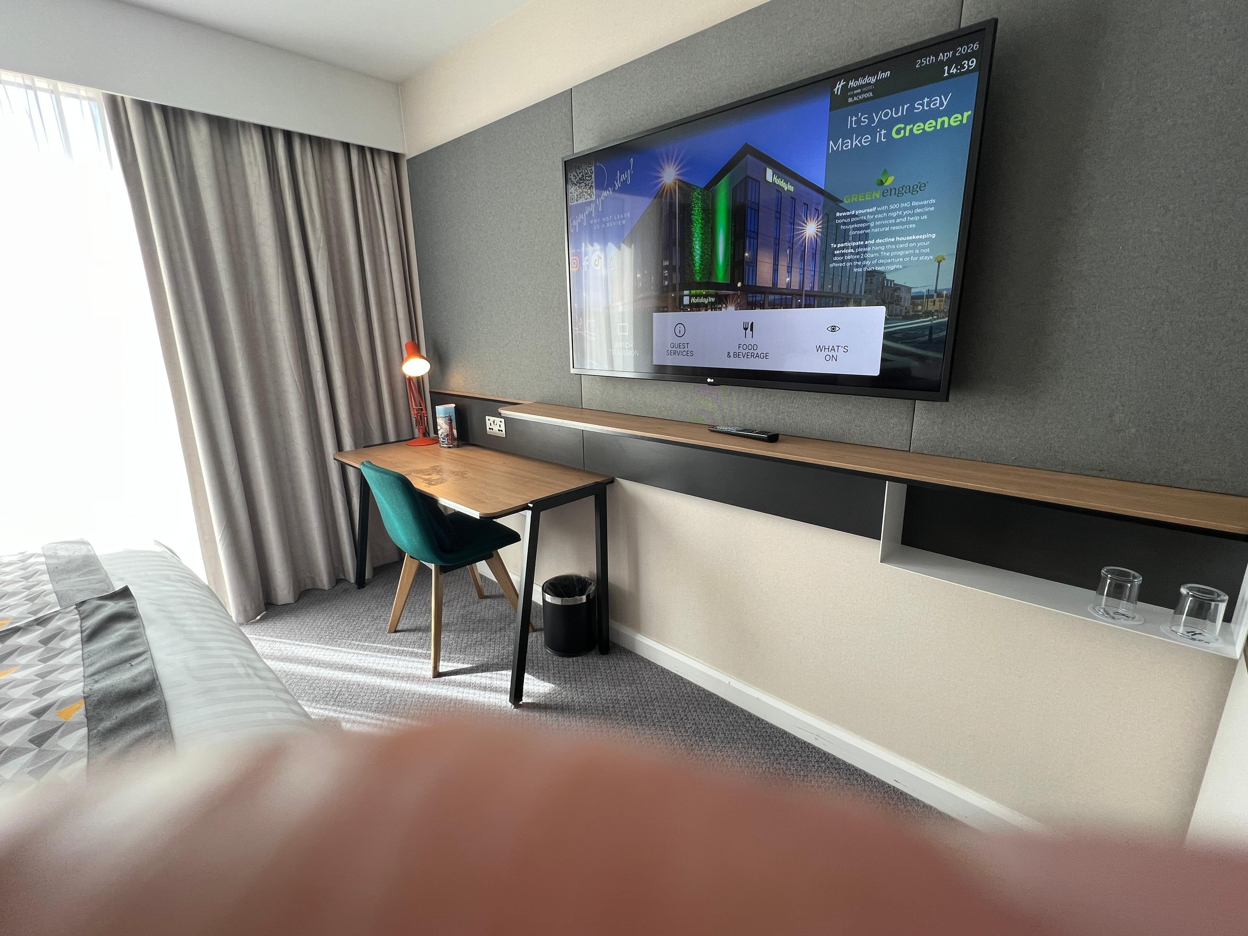 Spacious with desk, tea making facilities and small fridge for your own items.