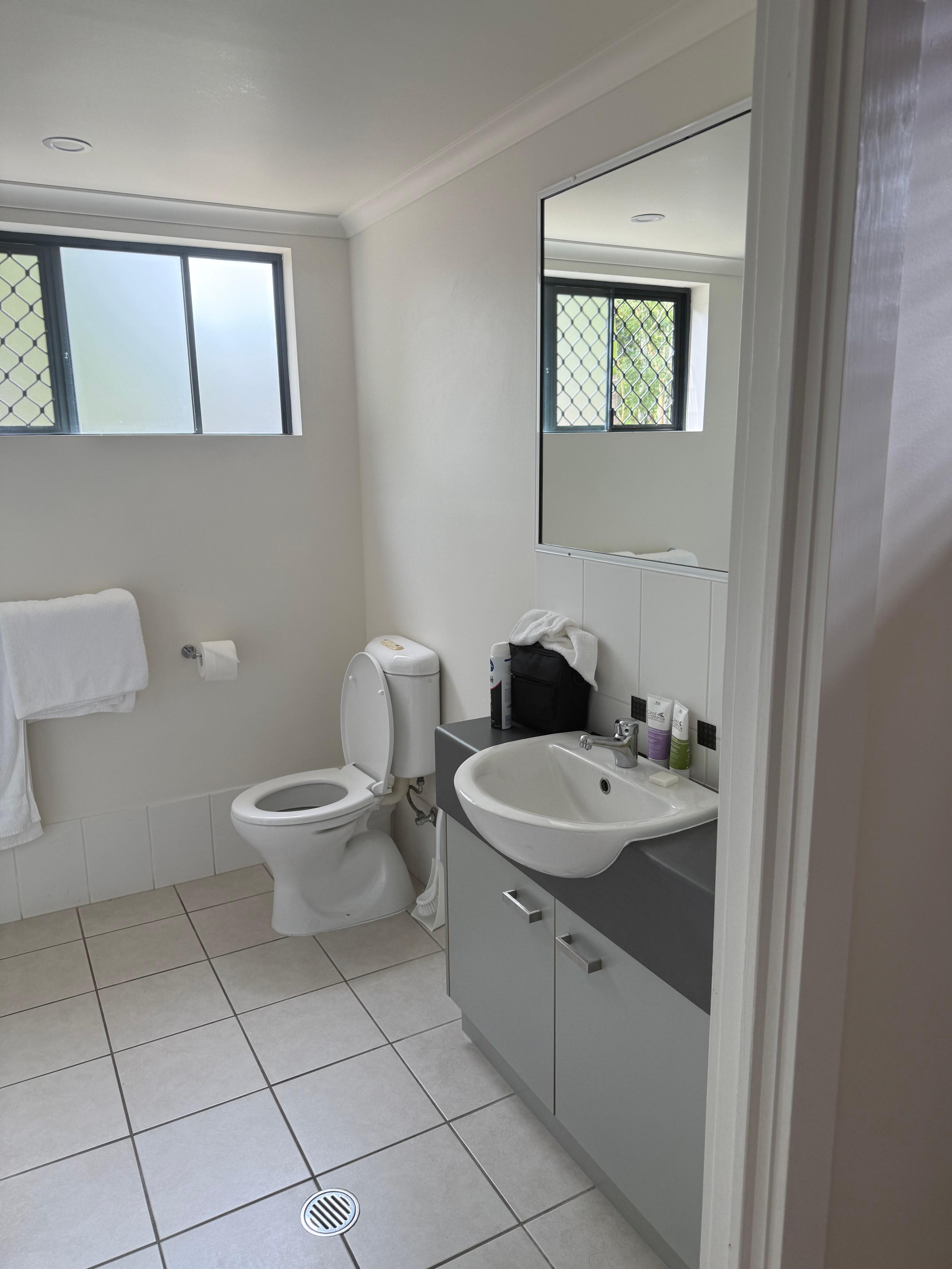Bathroom. 2 mini-shampoo tubes. 2 mini- lotion tubes. 2 mini bars of soap. After requesting to change room (after first night) not knowing room door did not auto lock on close. I found a dump in my toilet later that night. I was out for 12 hrs.