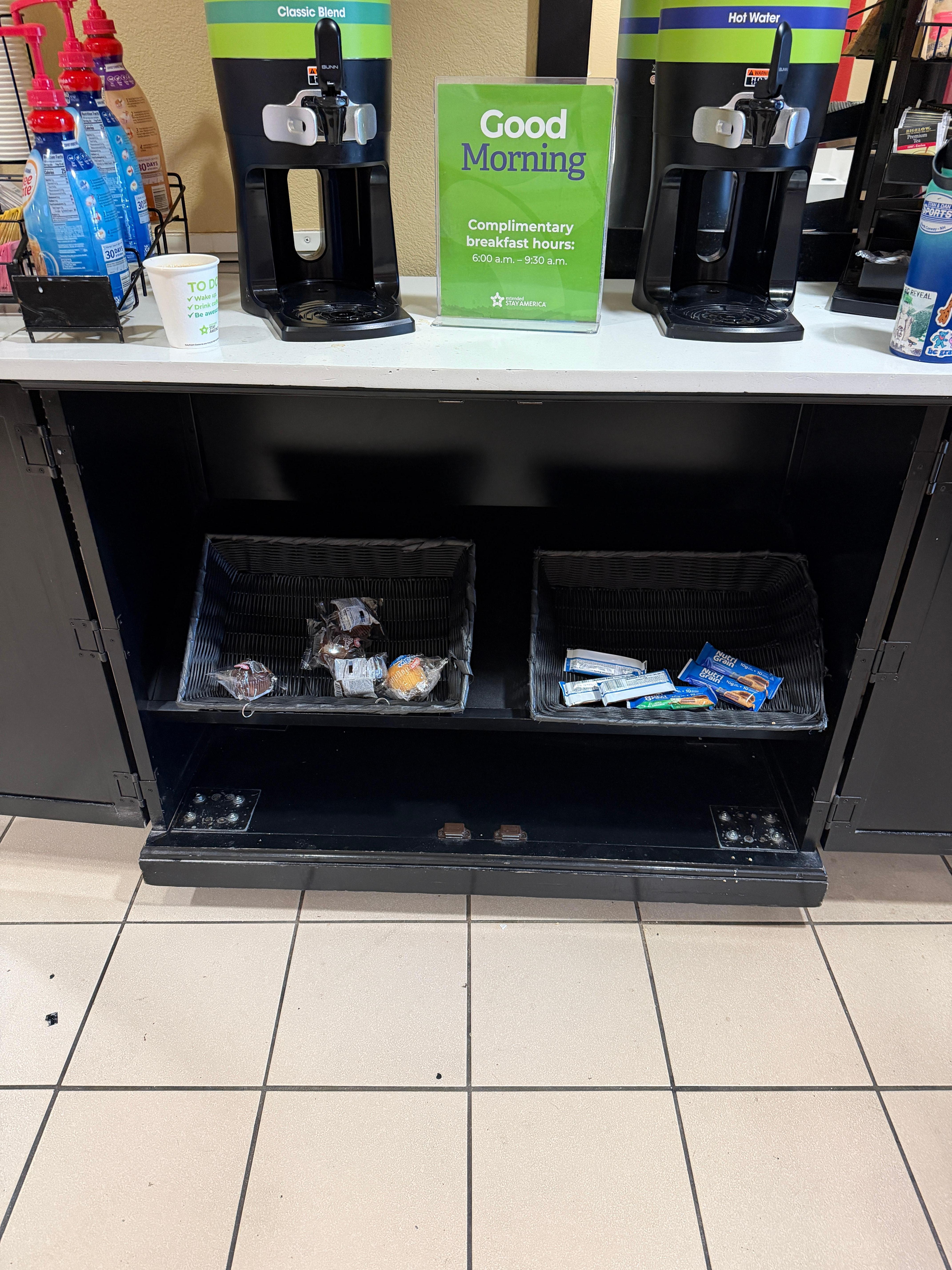 Once in my room, I called the front desk to confirm that they would actually have the continental breakfast. Again, this is one of the reasons I chose to stay there.  This is the "continental breakfast" that they provide.