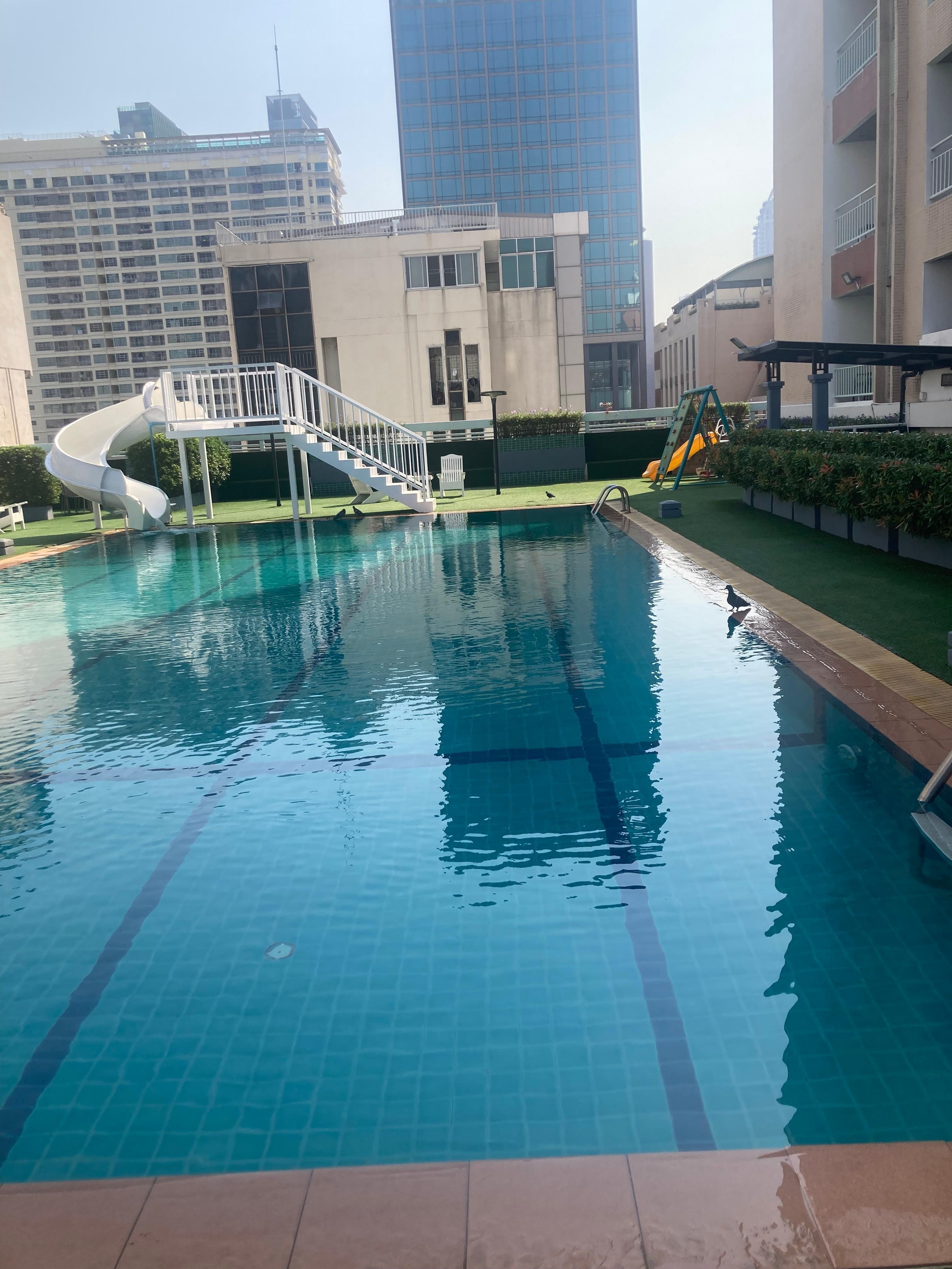 Pool o solstolar på 8:e våning med gratis badlakan.