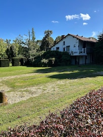 Empty overgrown flowerbeds, representative of the overall condition of the hotel.