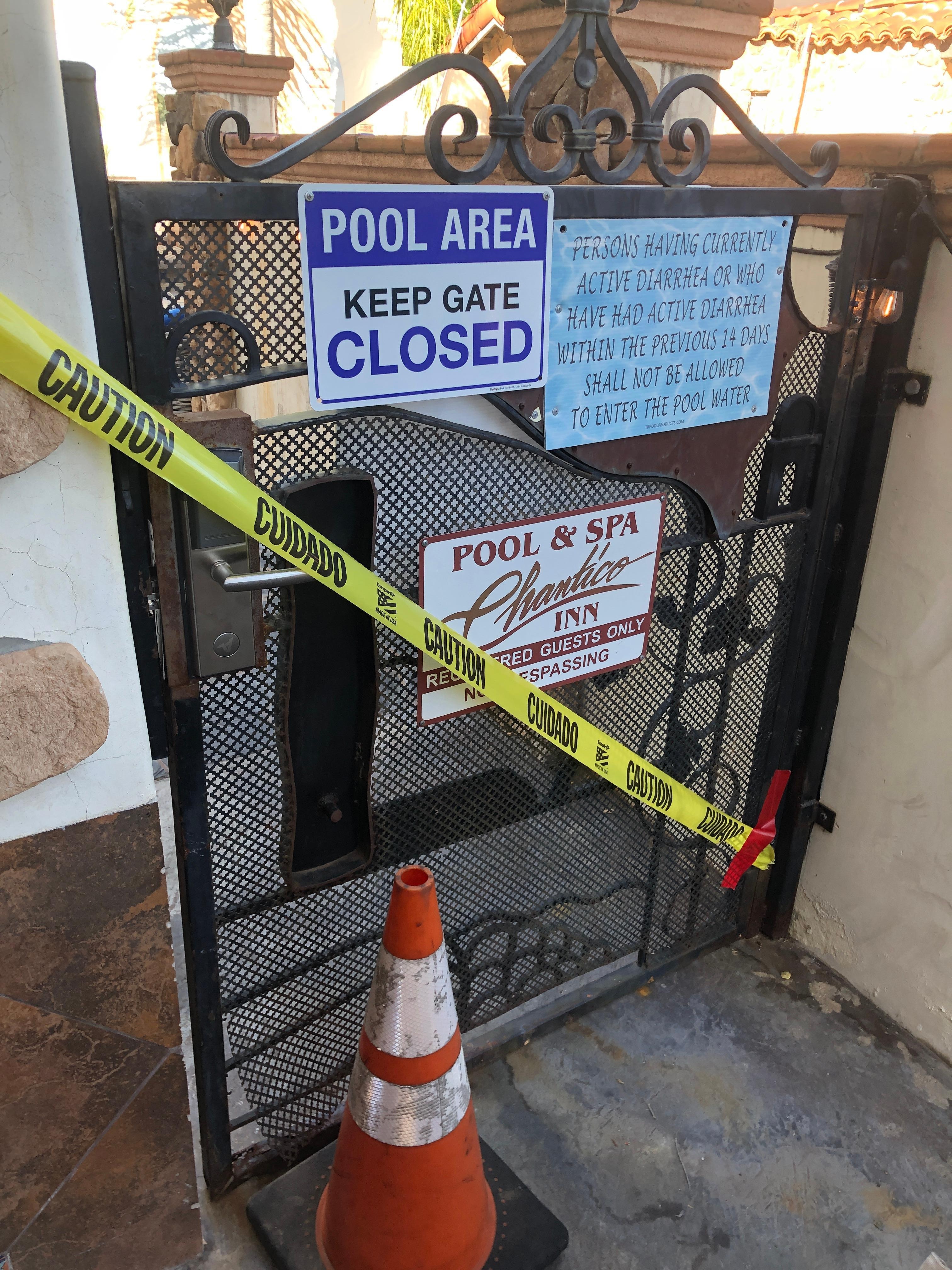 The only entrance to "Pool and hot tub" that were "being cleaned".