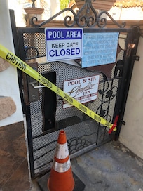 The only entrance to "Pool and hot tub" that were "being cleaned".