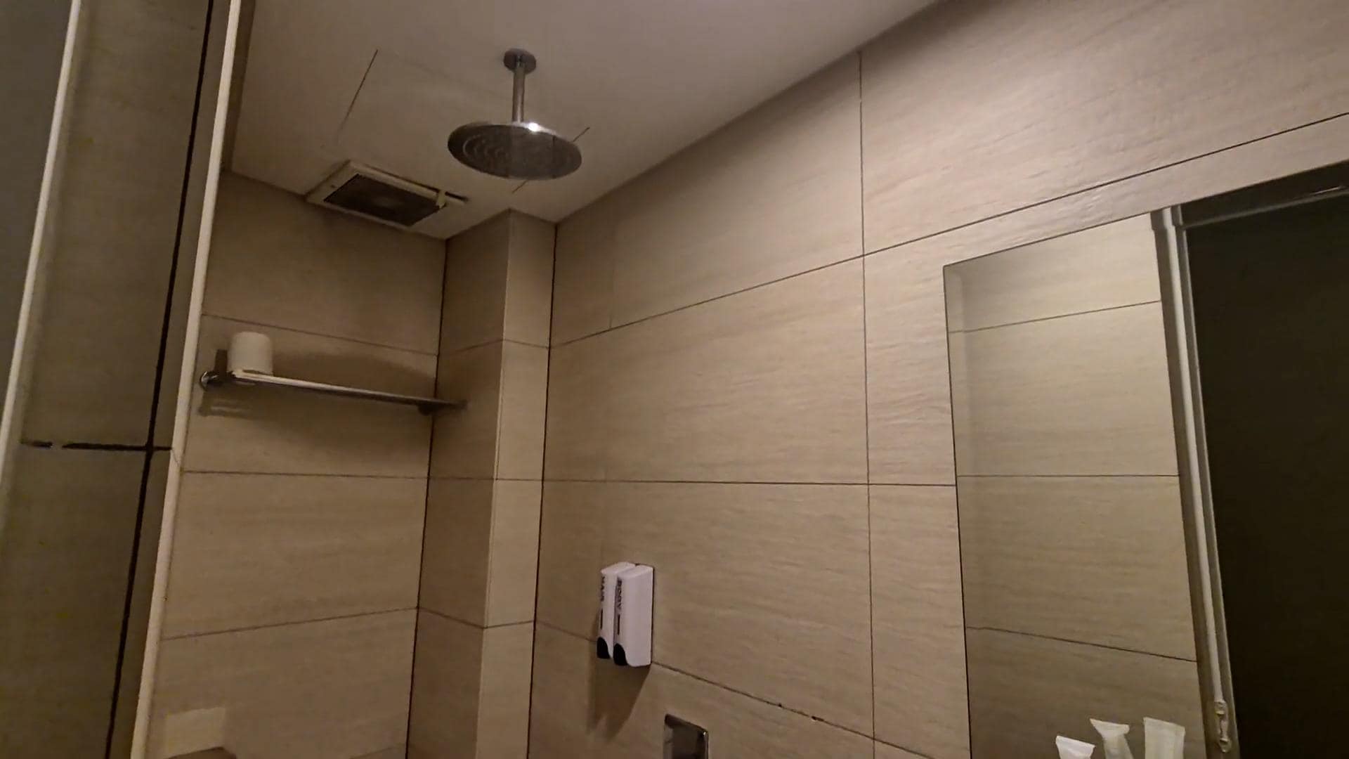 Shower rose virtually above toilet.